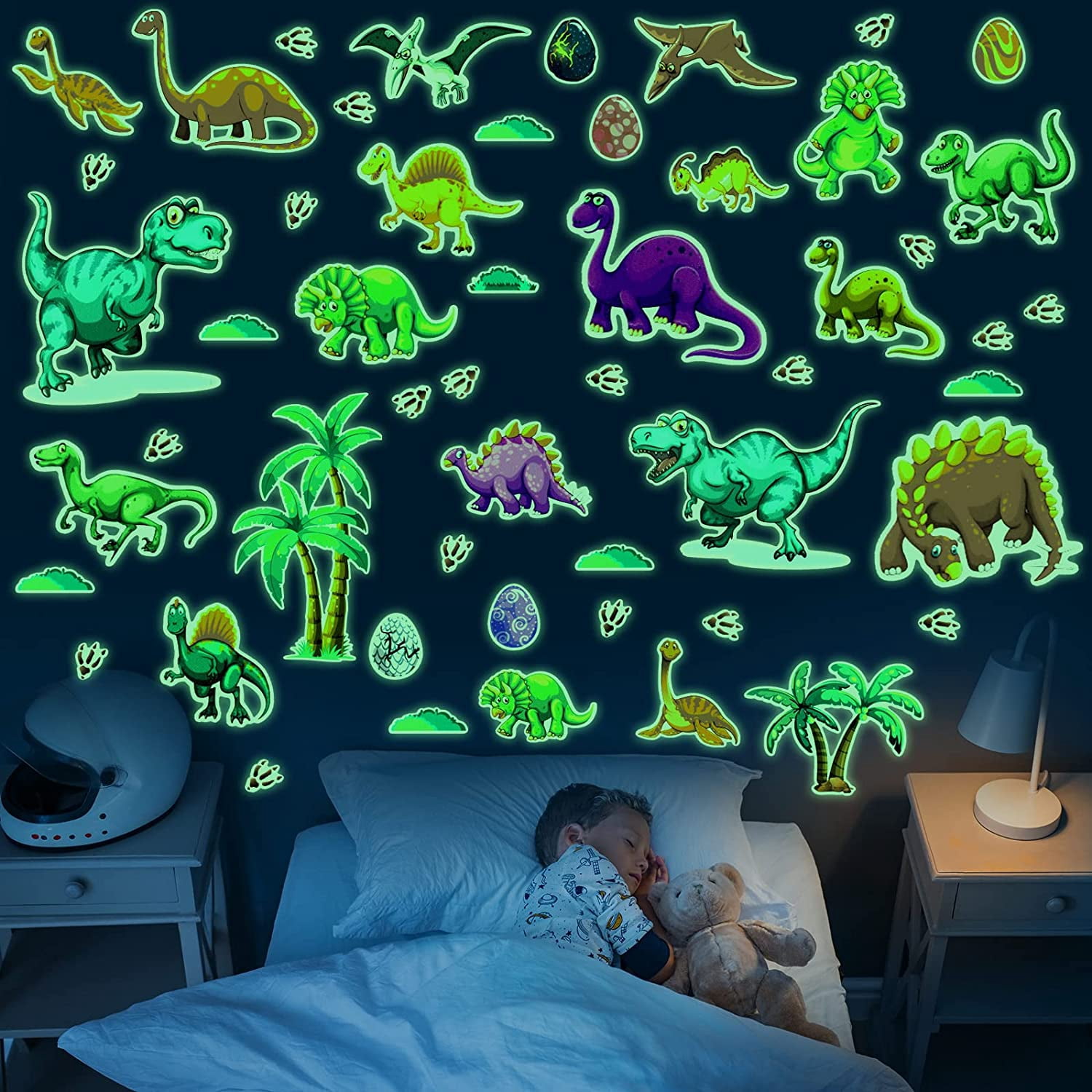 110 Piece Dinosaur Wall Decals - Glow in the Dark, Removable, Colorful ...