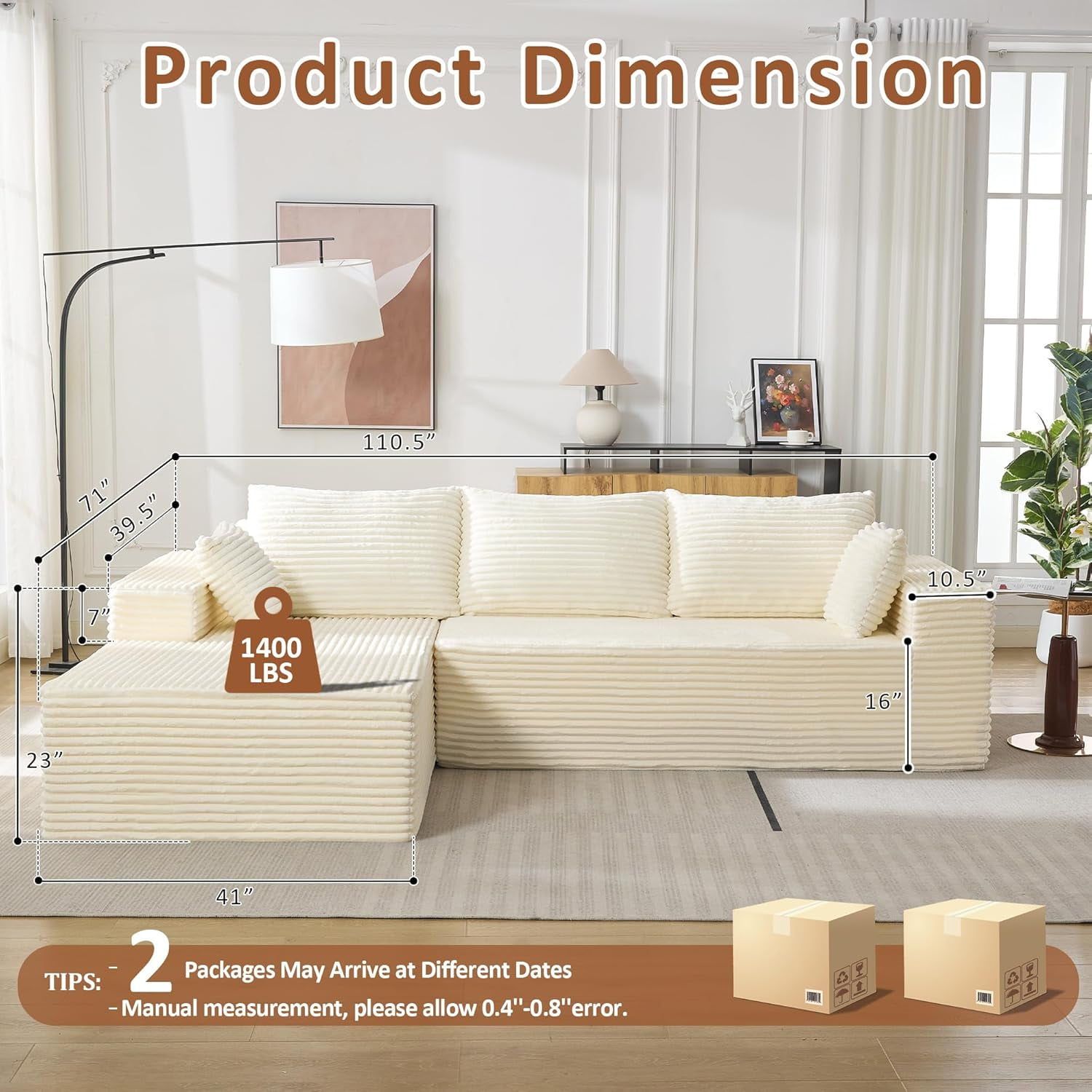 110" Sectional Sofa Couch with Chaise Lounge, L Shape Deep , No ...