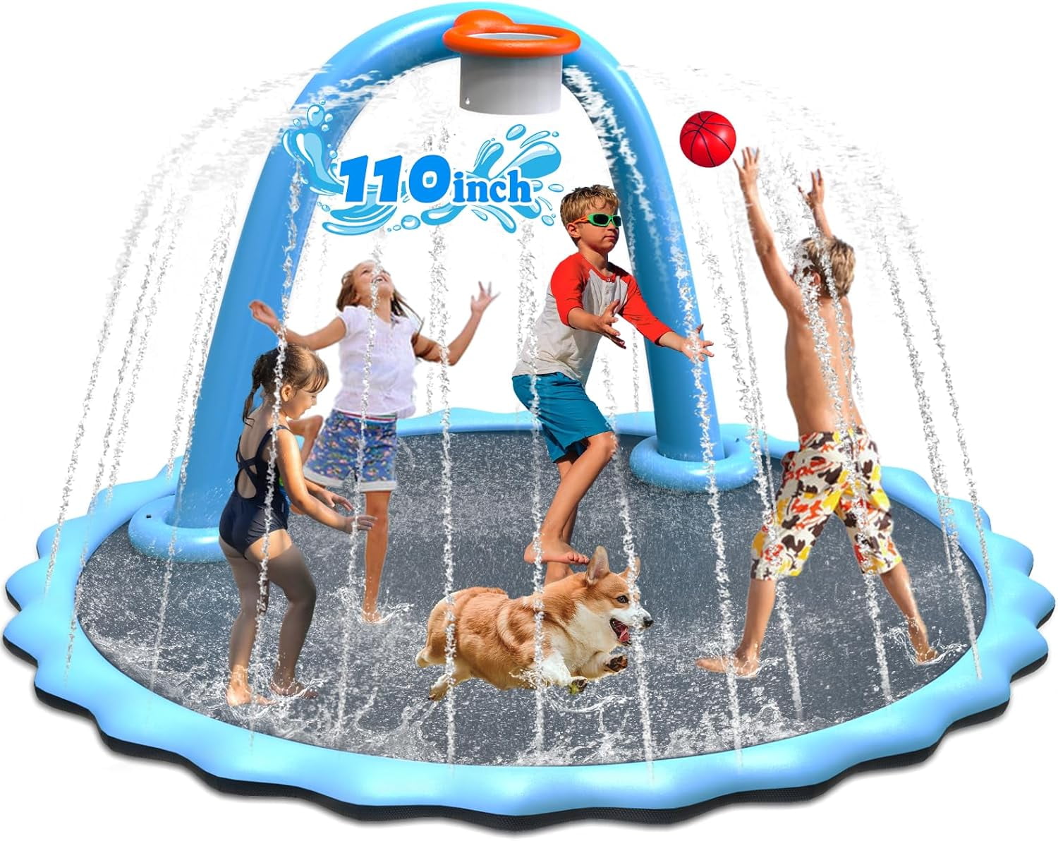 110'' Splash Pad with Ball, Basketball Hoop & Arch, Outdoor Water Mat ...