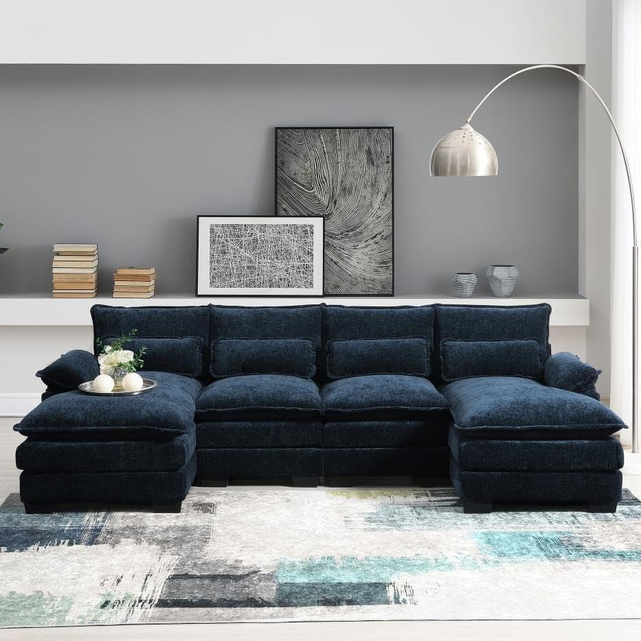 110" U Shaped Couch, 6-Seat Cloud Modular Sectional Sofa with Pillows & Armrest, Chenille ...