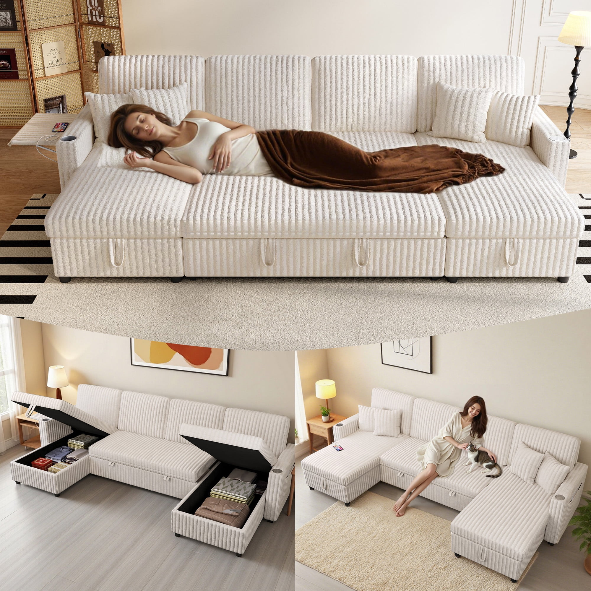 110" U Shaped Couch,Sleeper Sectional Sofa, Convertible Cloud Sofa with ...