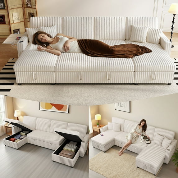 110" U Shaped Couch,Sleeper Sectional Sofa, Convertible Cloud Sofa with ...