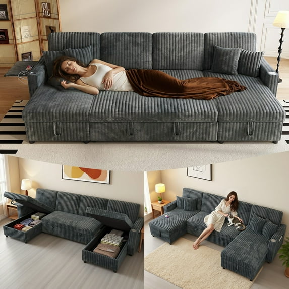 110" U Shaped Couch,Sleeper Sectional Sofa, Convertible Cloud Sofa with ...