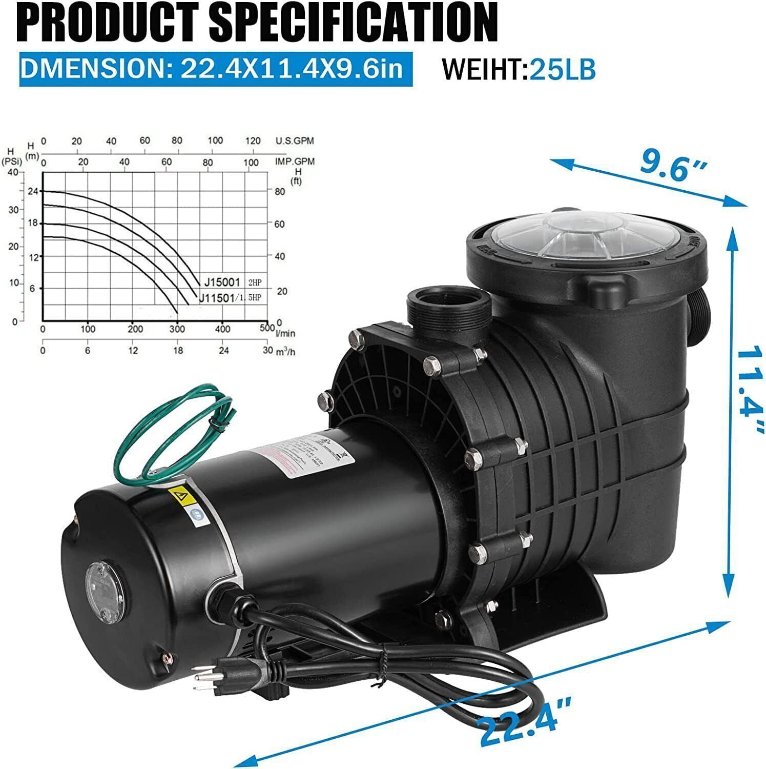 1100W 1.5 HP Swimming Pool Pump Motor in/Above Ground W/Strainer Filter ...