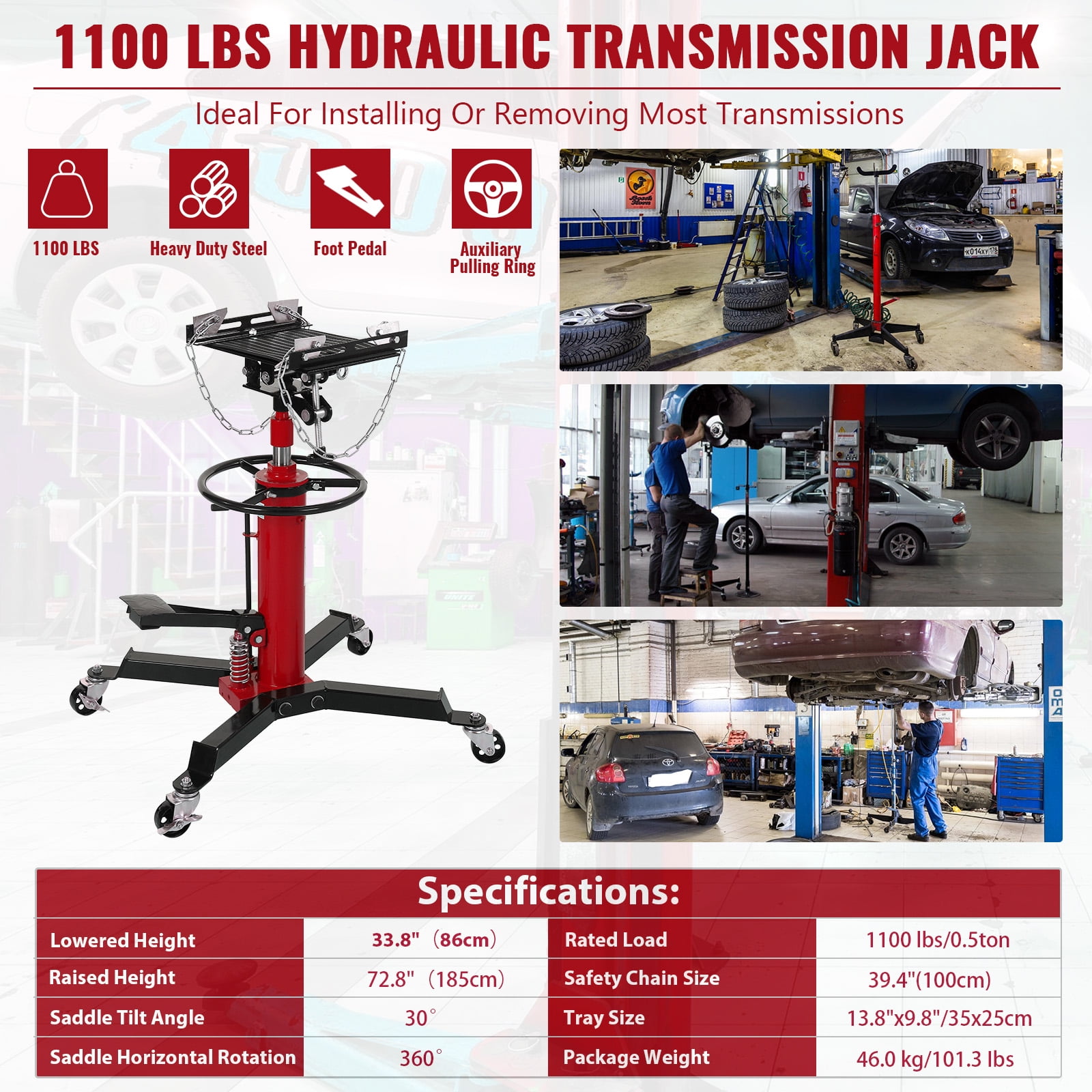 1100lbs Transmission Jack Lift with Anti-Slip Rubber Pad, Adjustable ...