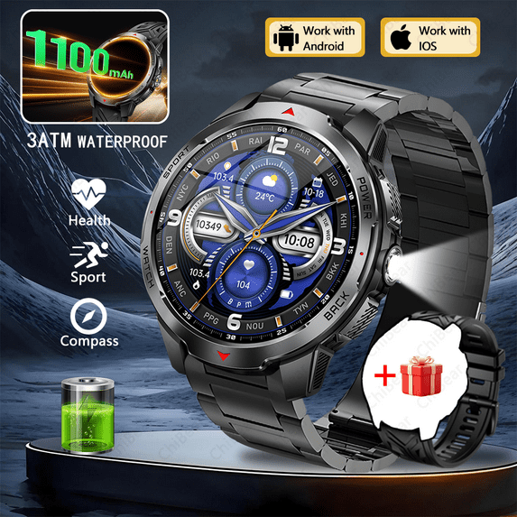 1100mAh Super Capacity Battery Military Outdoor Smart Watch Men 1.7inch ...