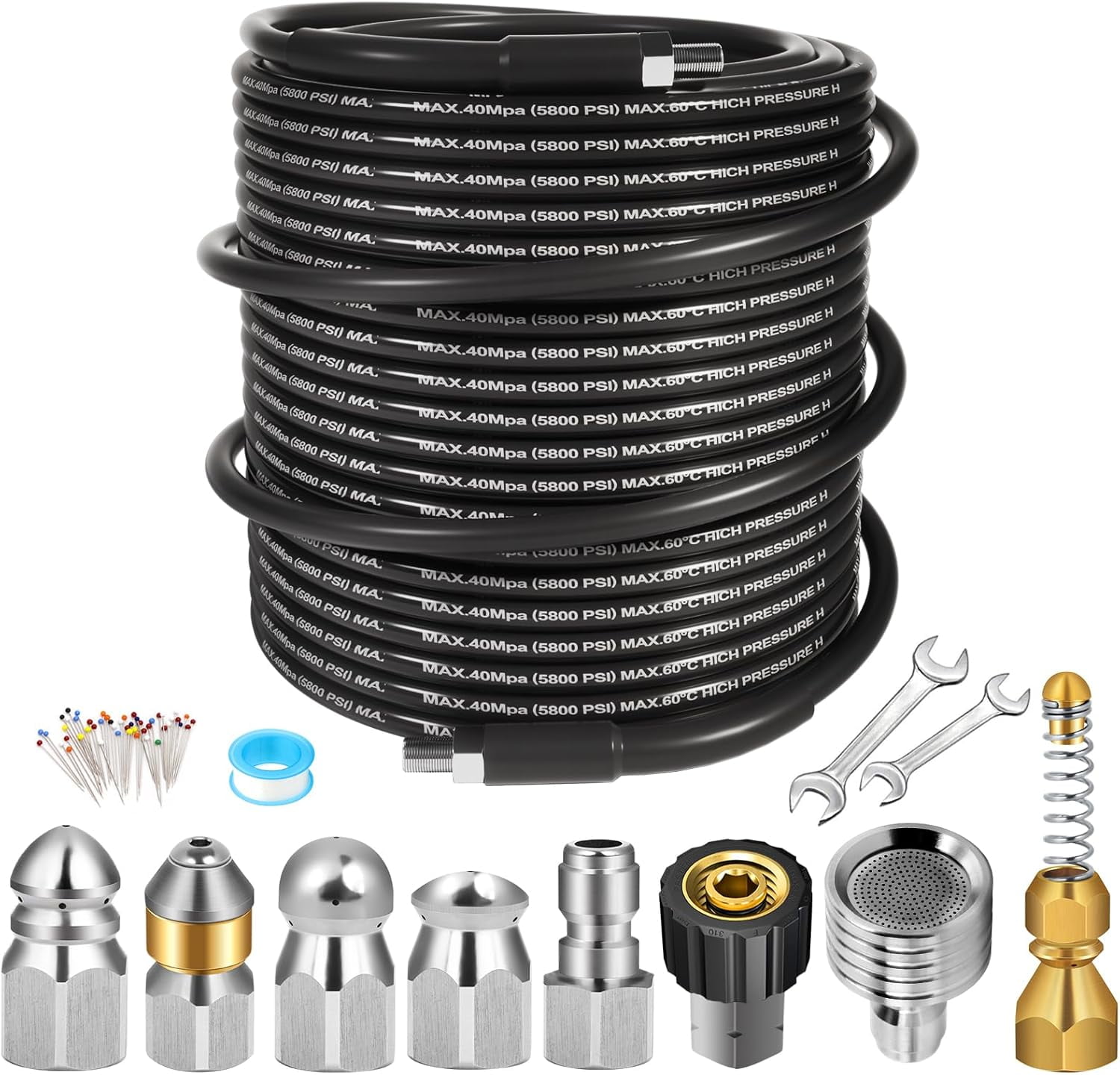 110FT Sewer Jetter Kit for Washer, 5800PSI Drain Cleaner Hose 1/4 Inch ...