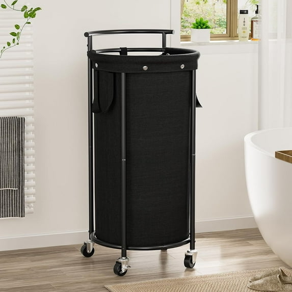 110L Laundry Cart with Wheels, Round Metal Frame Laundry Hamper with ...
