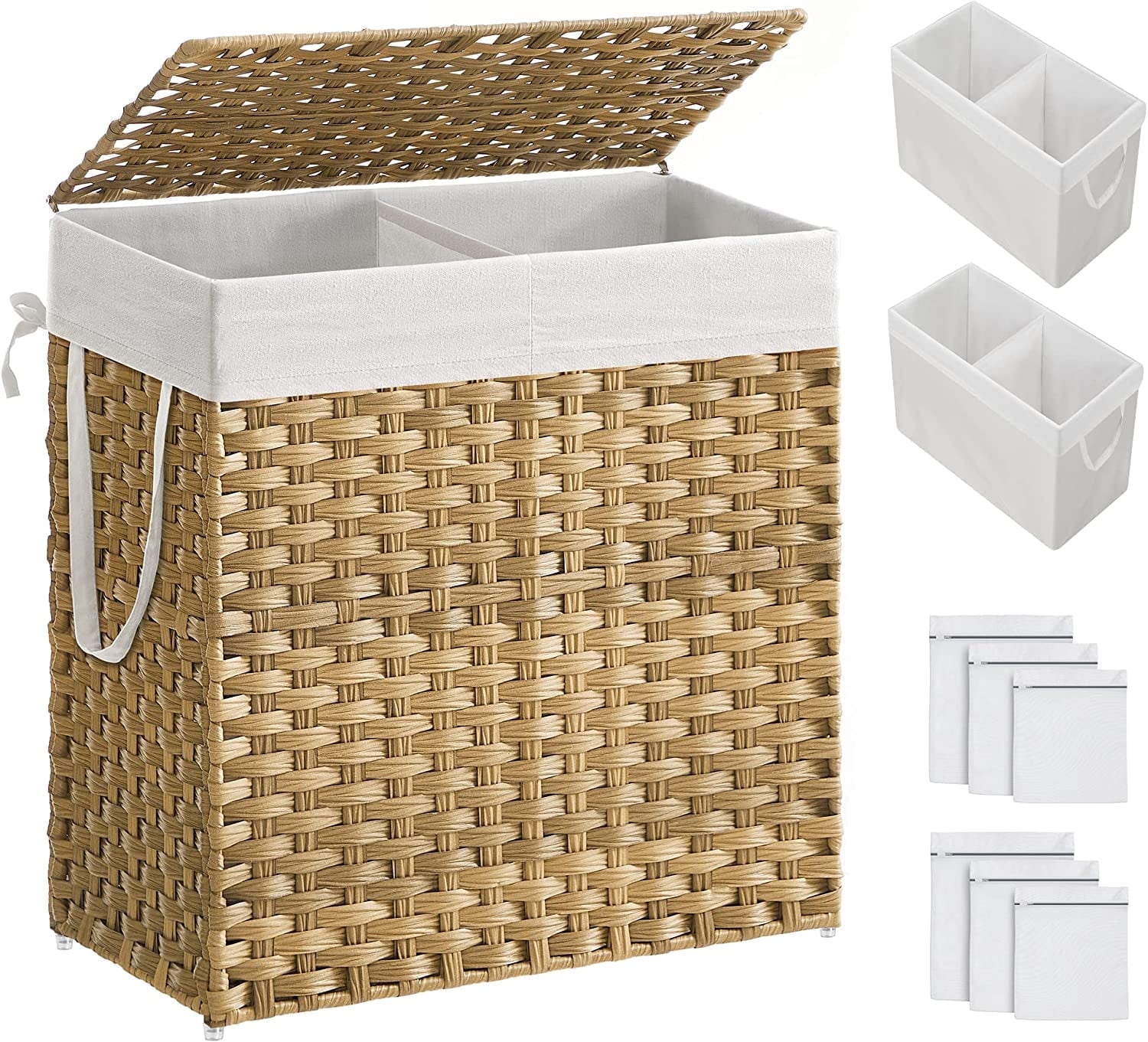110L Laundry Hamper Basket, Wicker Clothes Hamper with Lid, 2 Removable ...
