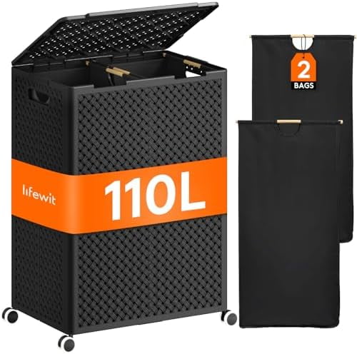 110L Plastic Double Laundry Basket with Lid, Collapsible 2 Section ...