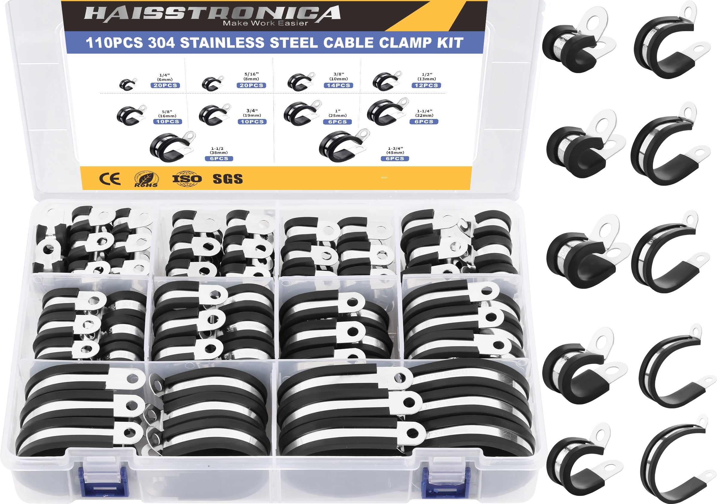 110PCS Cable Clamps Kit,10 Sizes 1/4" 5/16" 3/8" 1/2" 5/8" 3/4" 1" 1-1/ ...