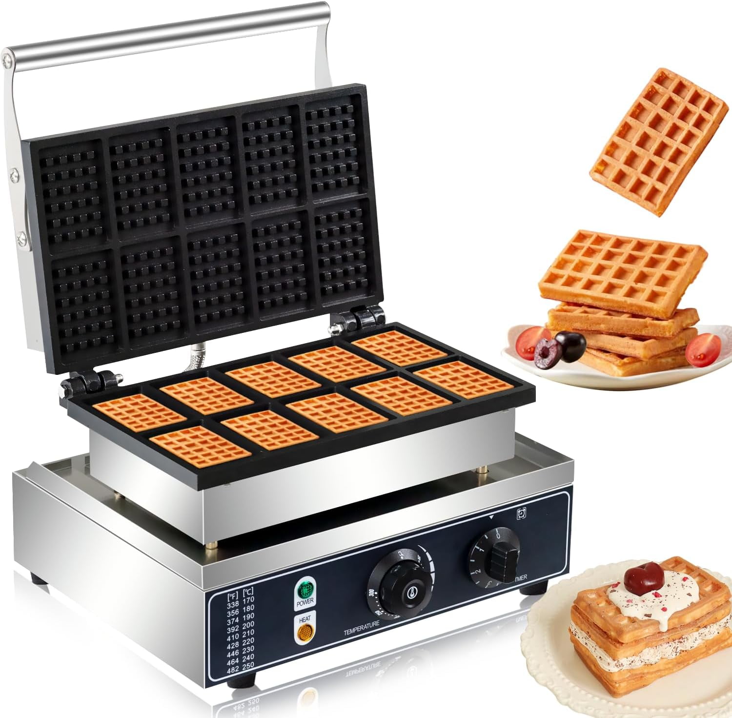 110V 1650W Commercial Mini Square Waffle Maker, 10 Grids Waffle Baker ...