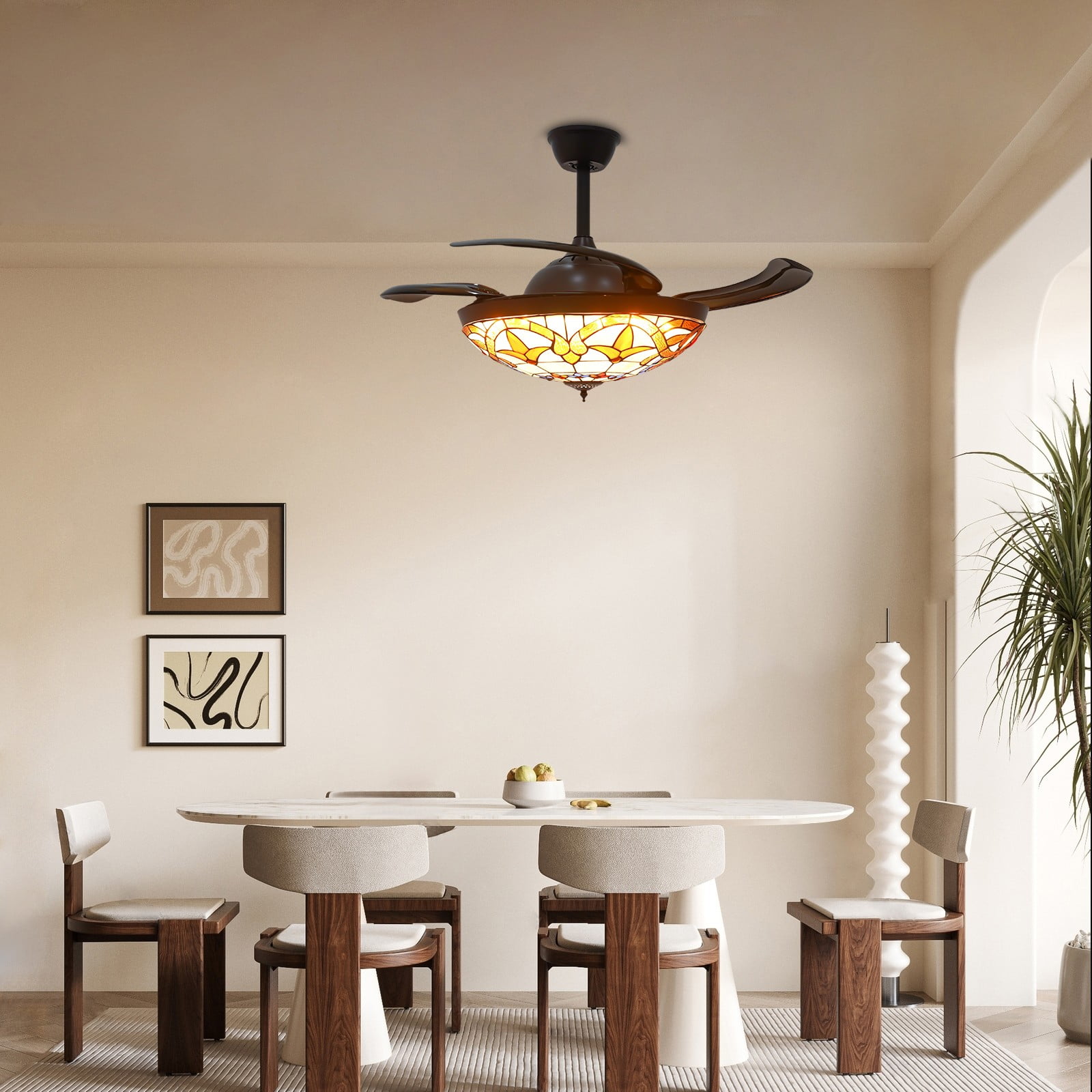 110V Ceiling Fan Light Stained Glass Shade LED Retractable Lamp ...
