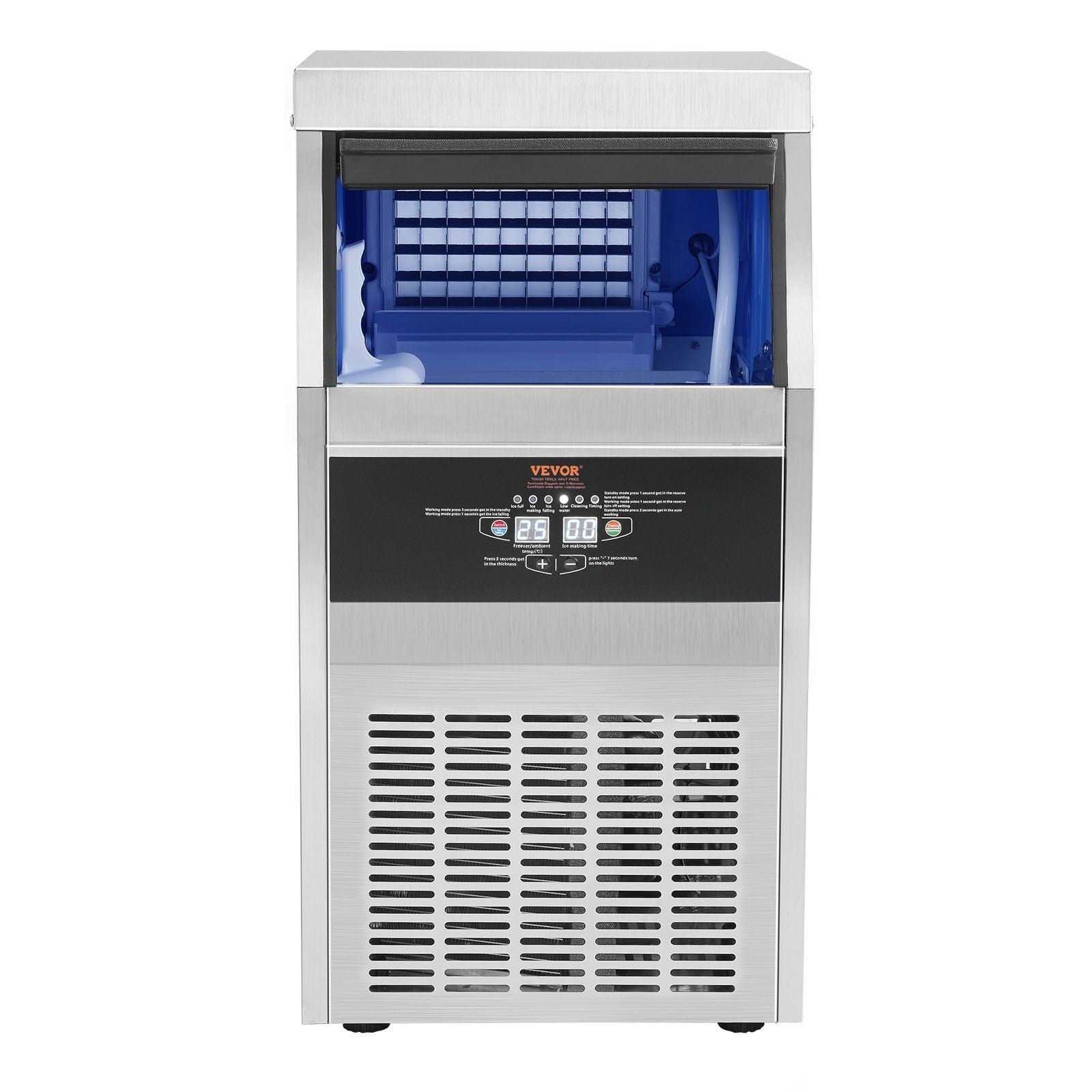 110V Commercial Ice Maker 80-90LBS/24H with 24LBS Bin, Full Heavy Duty Stainless Steel ...