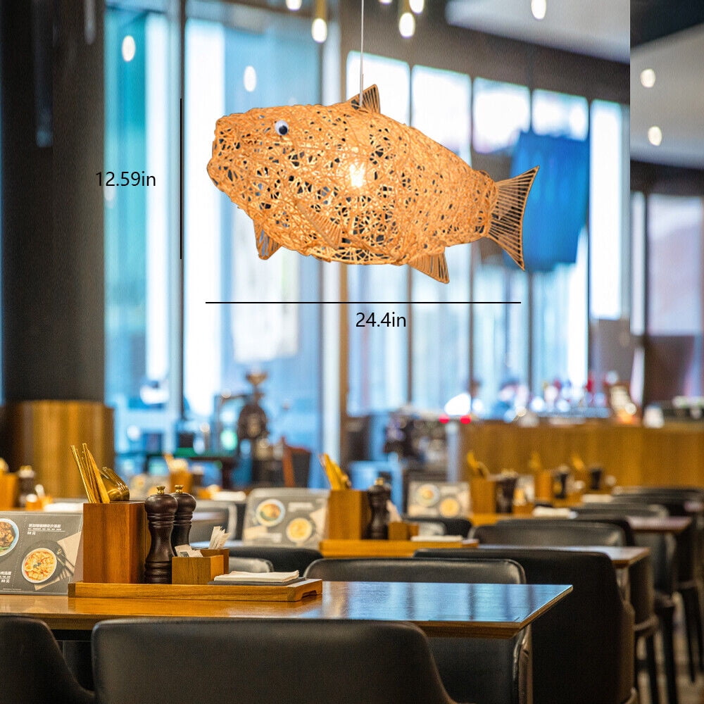 110V Wicker Rattan Fish Shade Pendant Light Fixture Hanging Ceiling ...