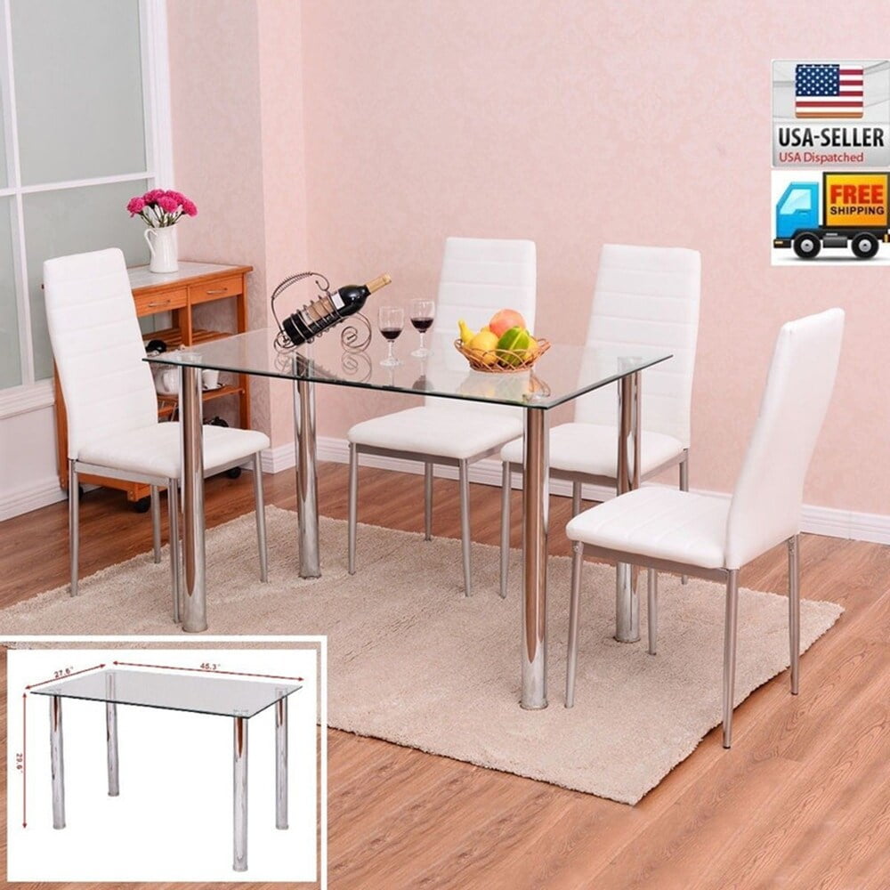 110cm Dining Table Set Tempered Glass Dining Table with 4pcs Chairs ...