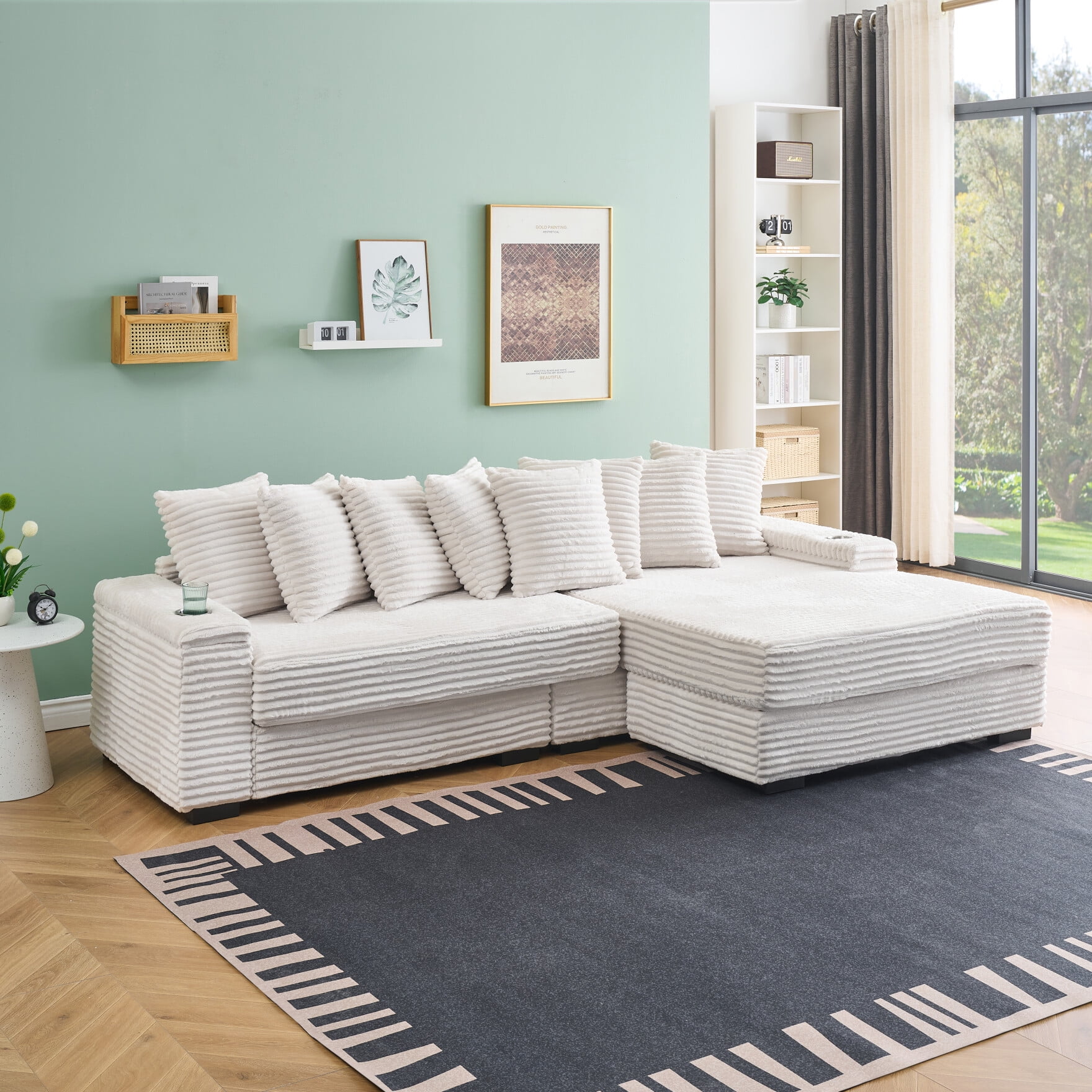 111.4-Inch Beige Corduroy Sofa with Cup Holders & Lockers, Reversible ...