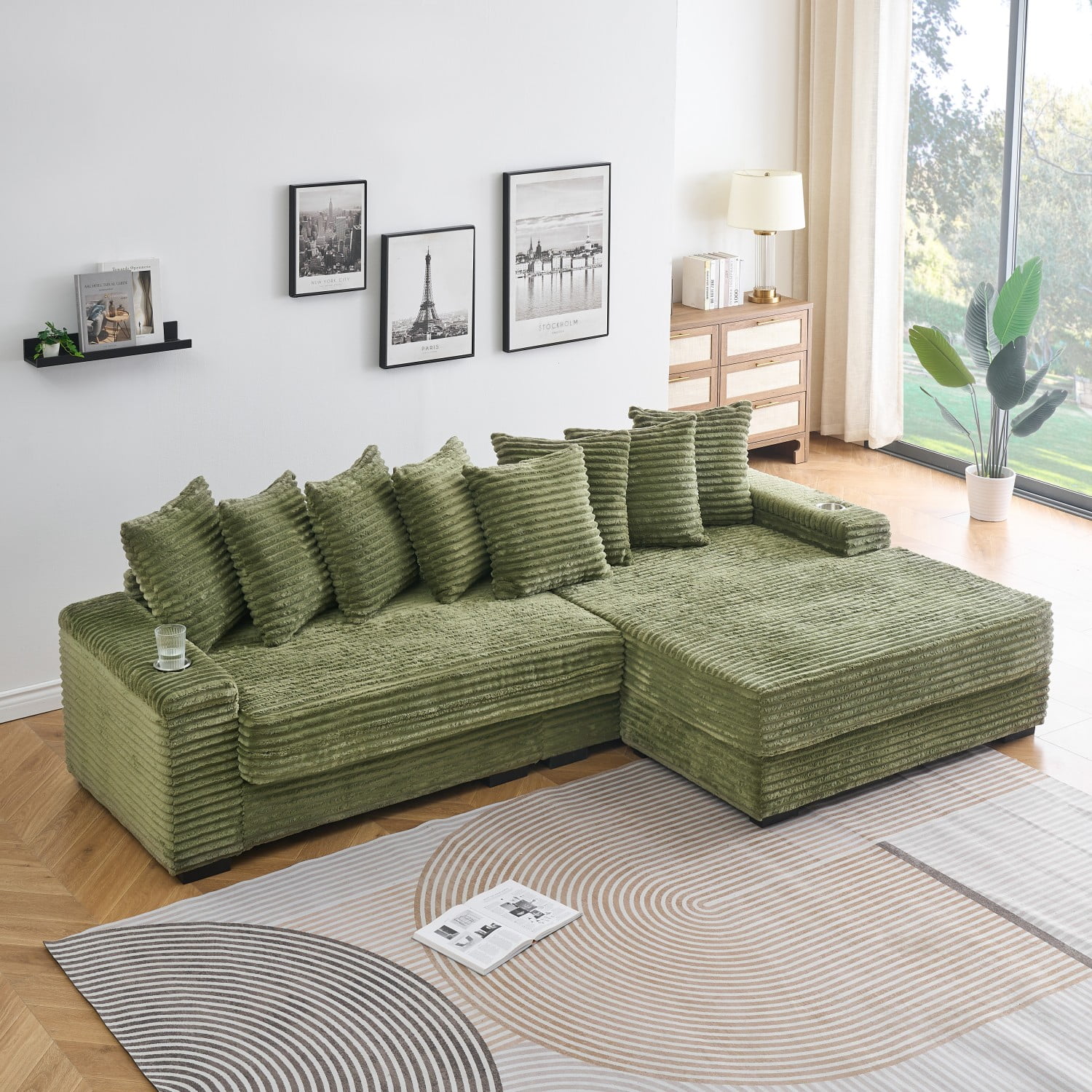 111.4-Inch Green Corduroy Sofa With Cup Holders And Lockers On The ...