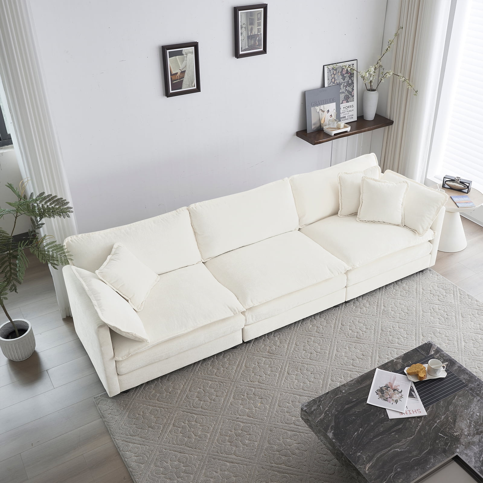 111.5” Beige White Couch, 3 Seater Modular Sofa, Chenille Large Sectional for Living Room, Deep ...