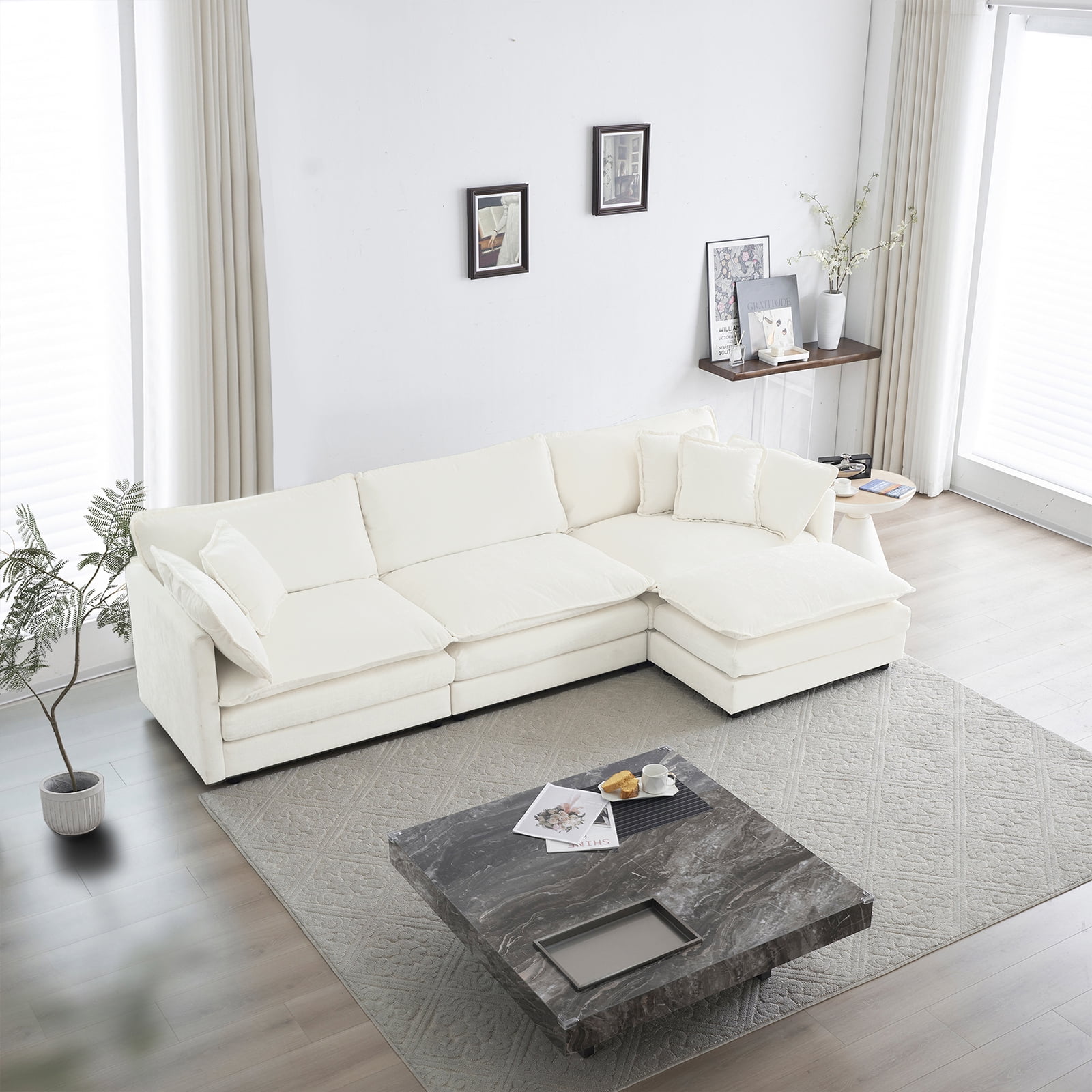 111.5” Beige White Modular Sofa, 3 Seater L Shaped Chenille Sectional ...