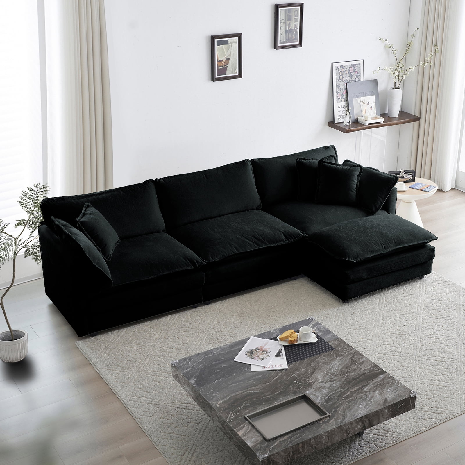 111.5” Black Modular Sofa, 3 Seater L Shaped Chenille Sectional for ...