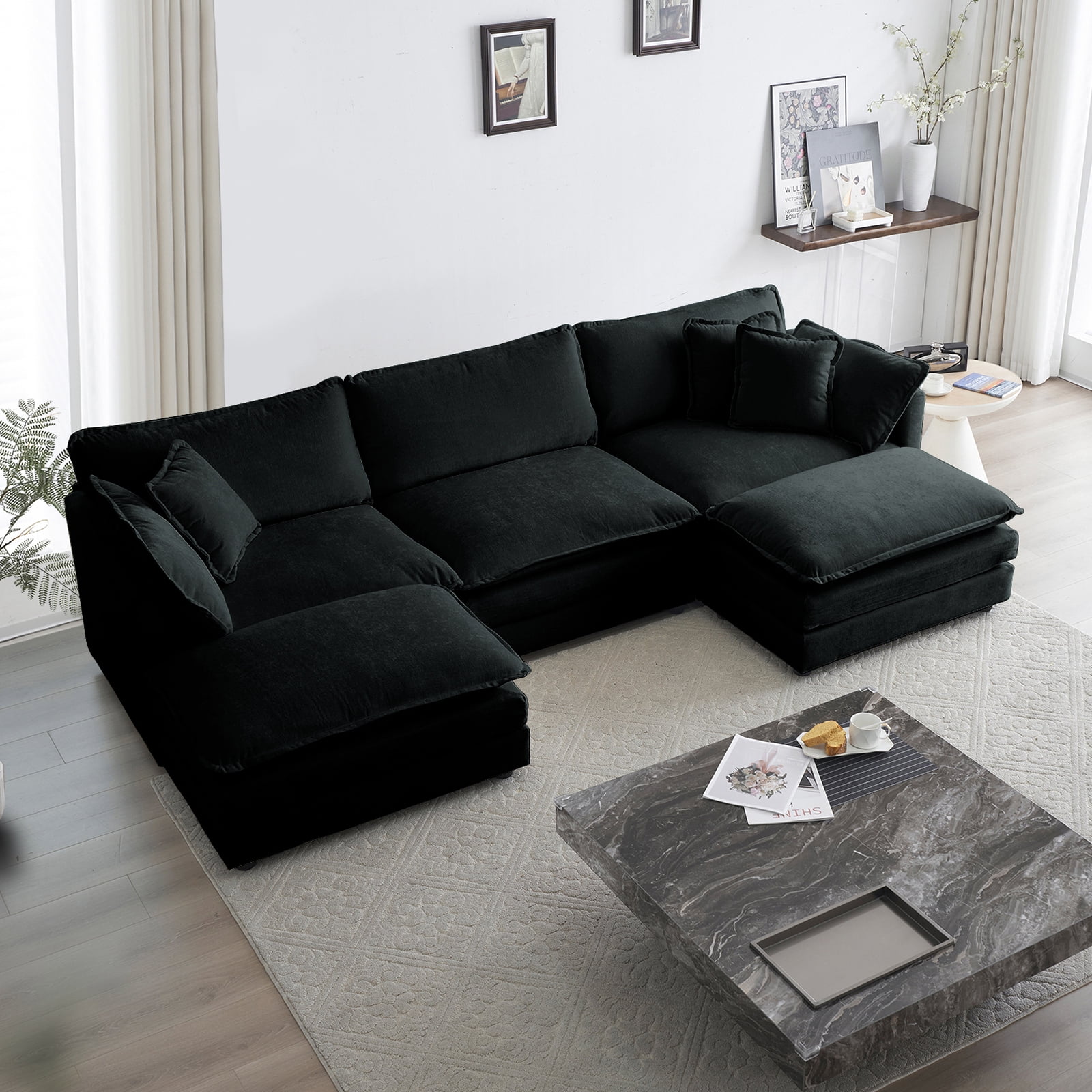 111.5” Black Modular Sofa, 3 Seater U Shaped Chenille Sectional for Living Room, Cloud Couch ...
