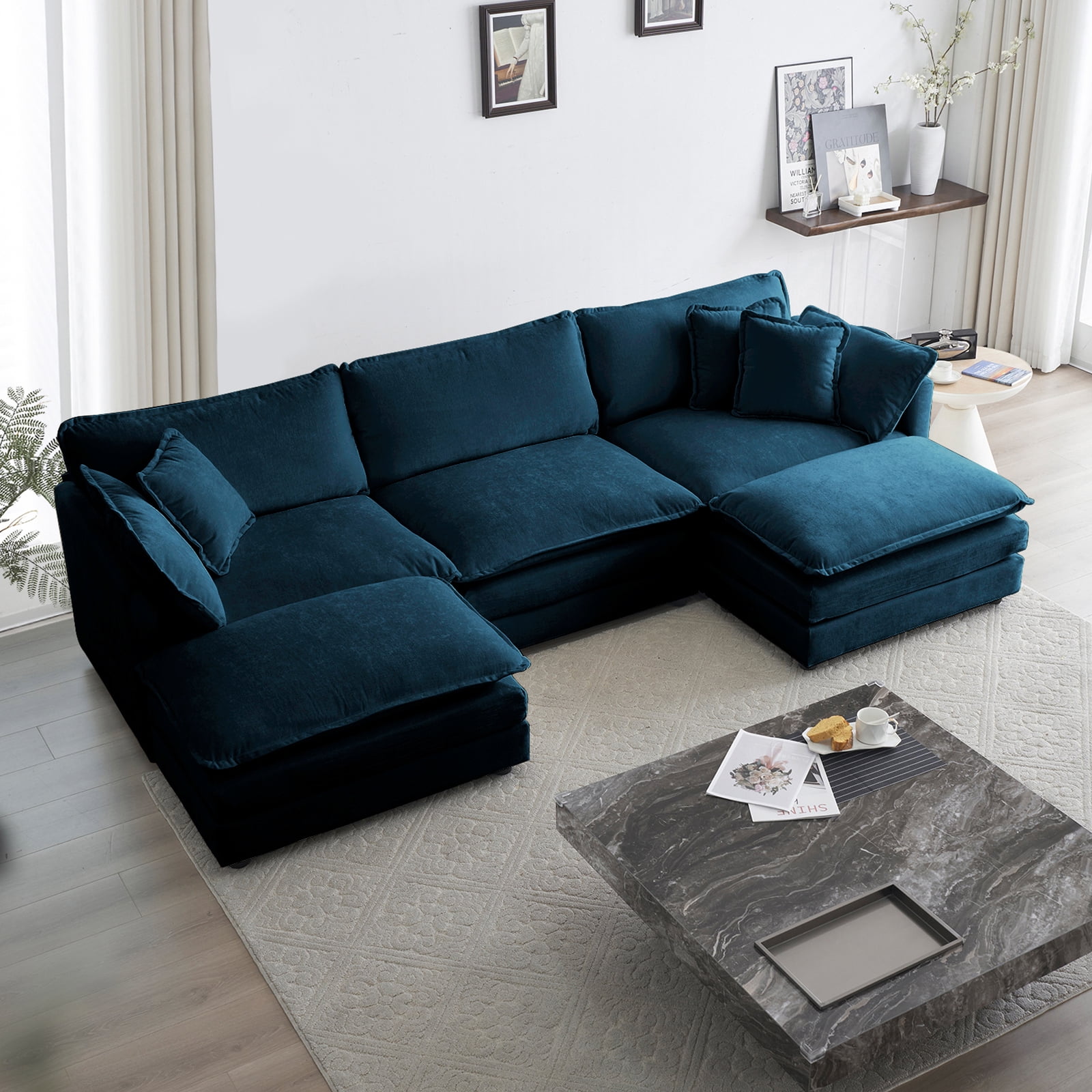 111.5” Blue Modular Sofa, 3 Seater U Shaped Chenille Sectional for ...