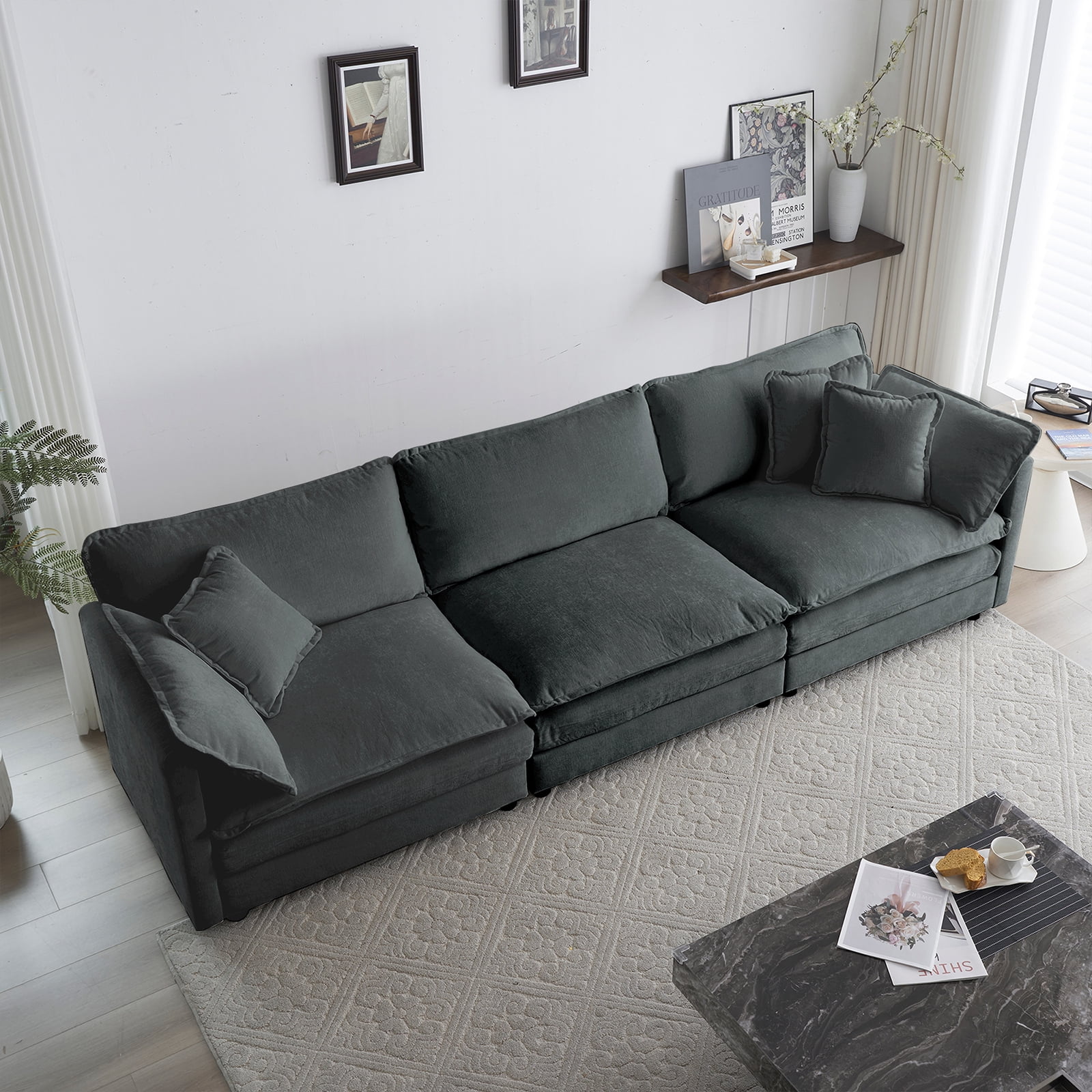 111.5” Gray Couch, 3 Seater Modular Sofa, Chenille Large Sectional for Living Room, Deep Seat ...
