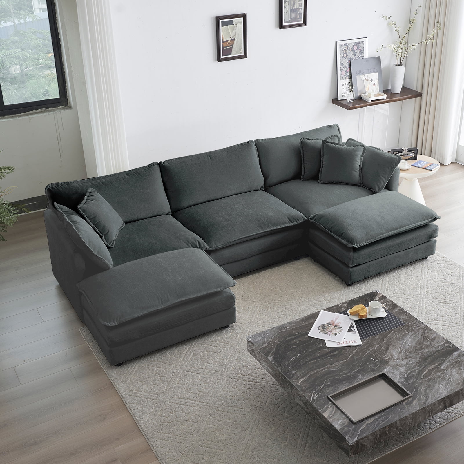 111.5” Gray Modular Sofa, 3 Seater U Shaped Chenille Sectional for Living Room, Cloud Couch with ...