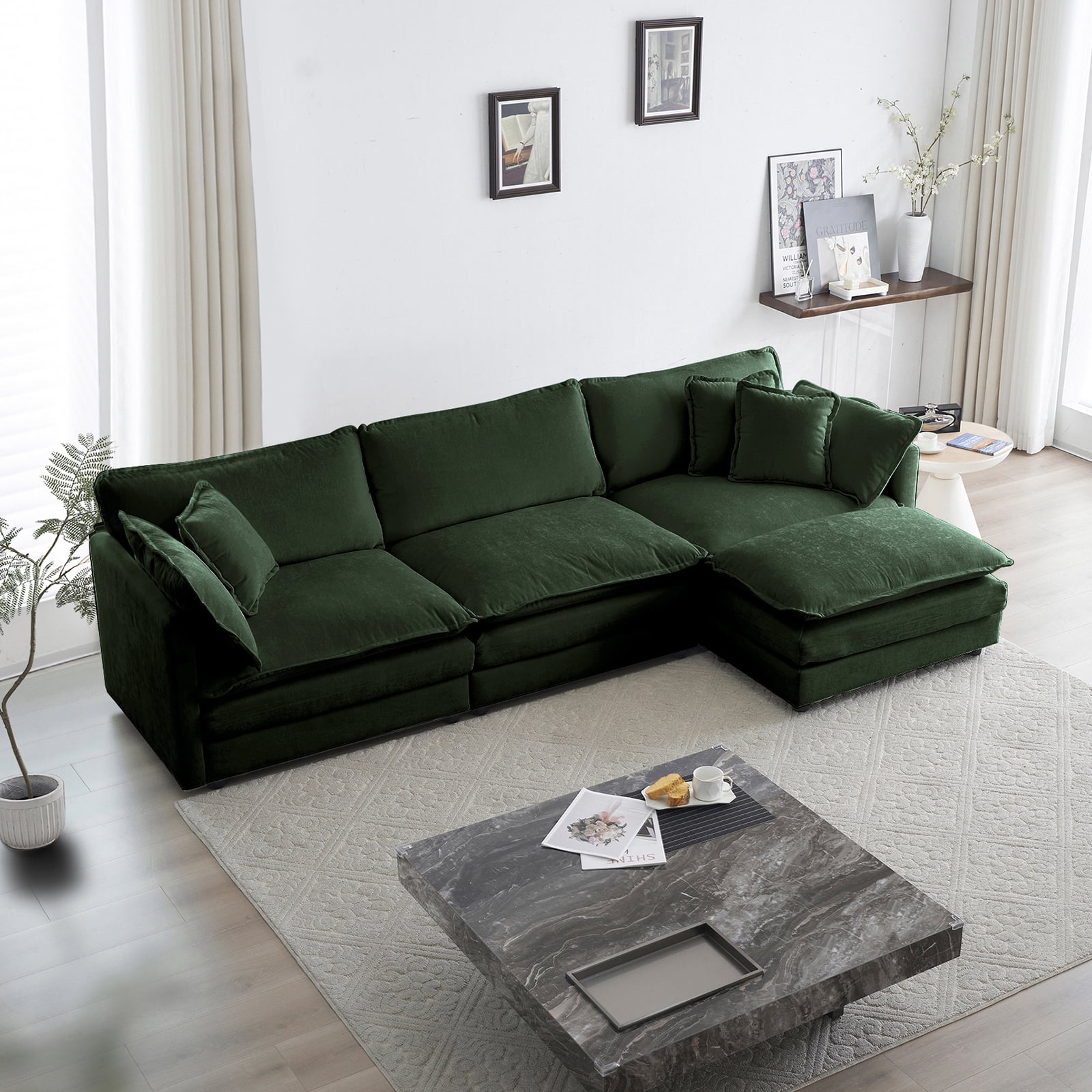 111.5” Green Modular Sofa, 3 Seater L Shaped Chenille Sectional for ...