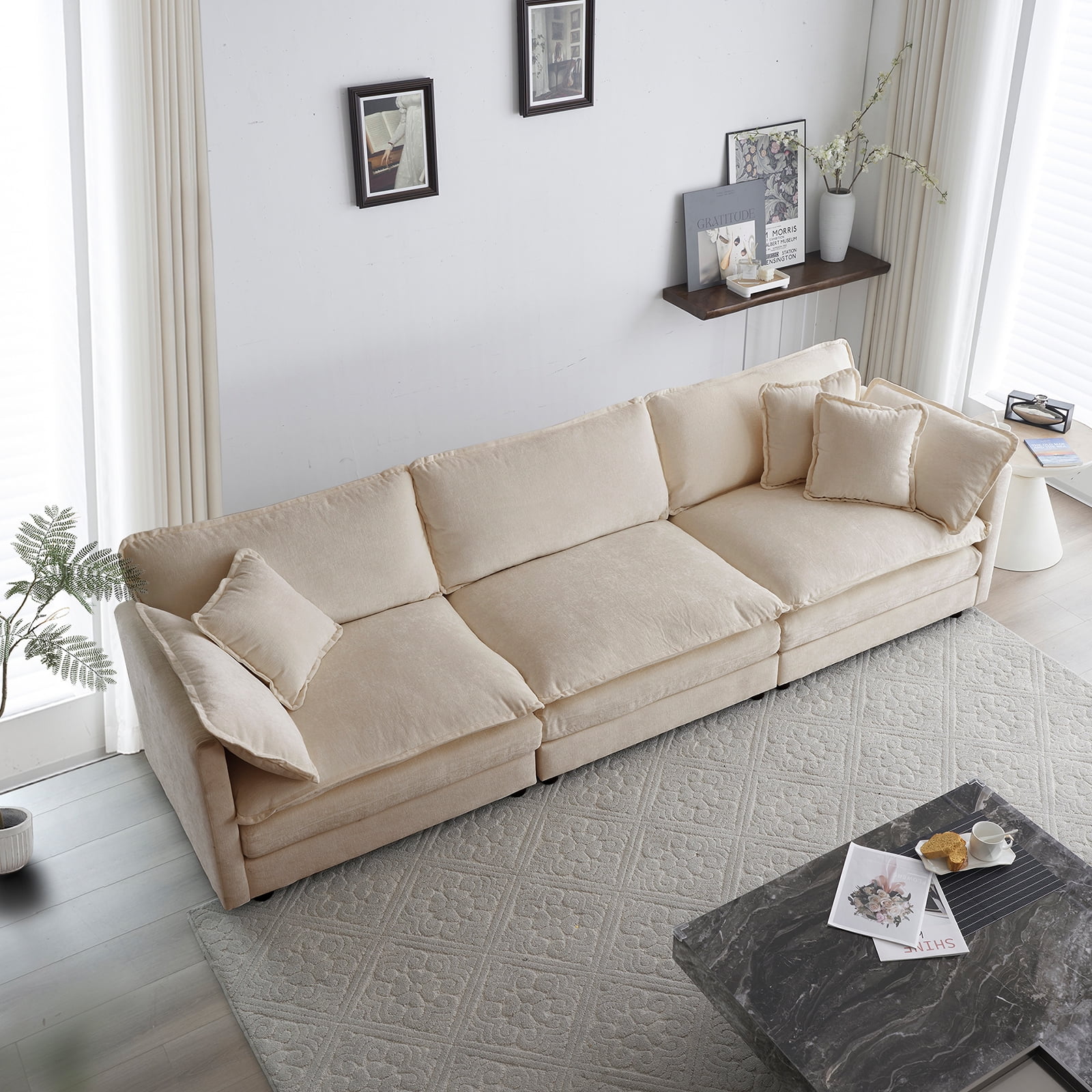 111.5” Light Camel Couch, 3 Seater Modular Sofa, Chenille Large Sectional for Living Room, Deep ...
