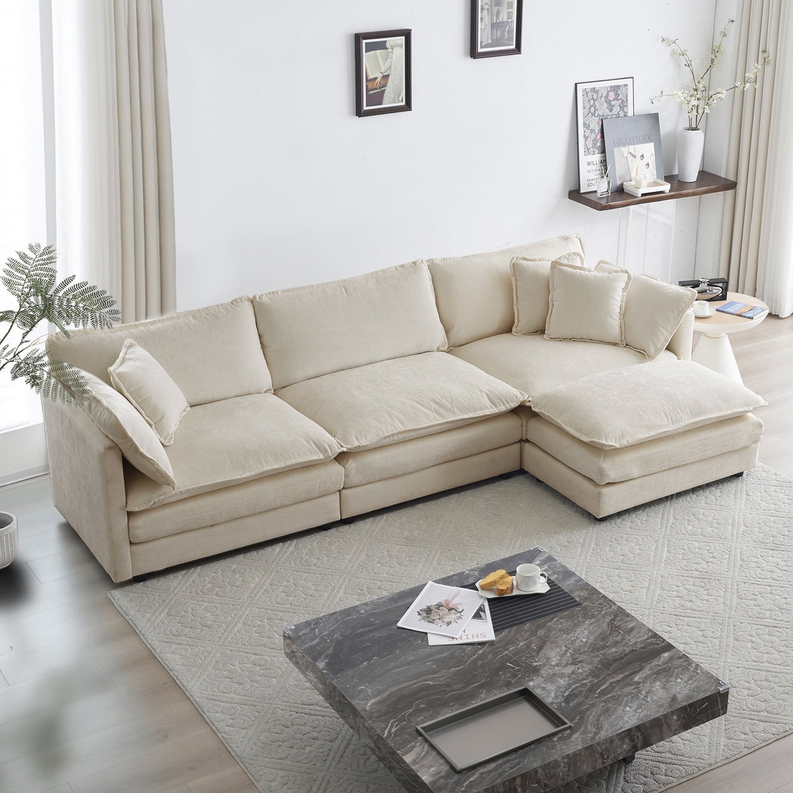 111.5” Light Camel Modular Sofa, 3 Seater L Shaped Chenille Sectional for Living Room, Cloud ...
