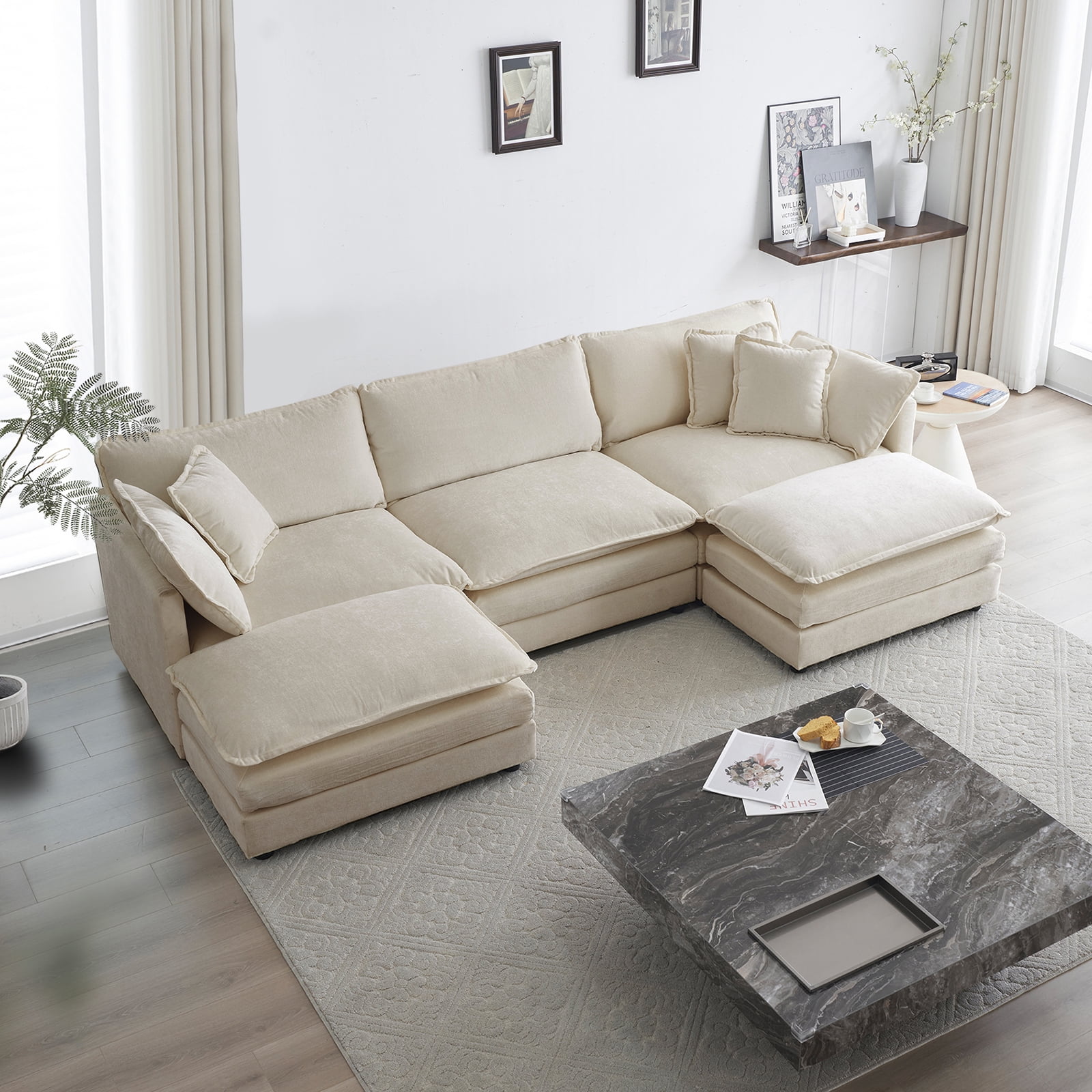 111.5” Light Camel Modular Sofa, 3 Seater U Shaped Chenille Sectional for Living Room, Cloud ...