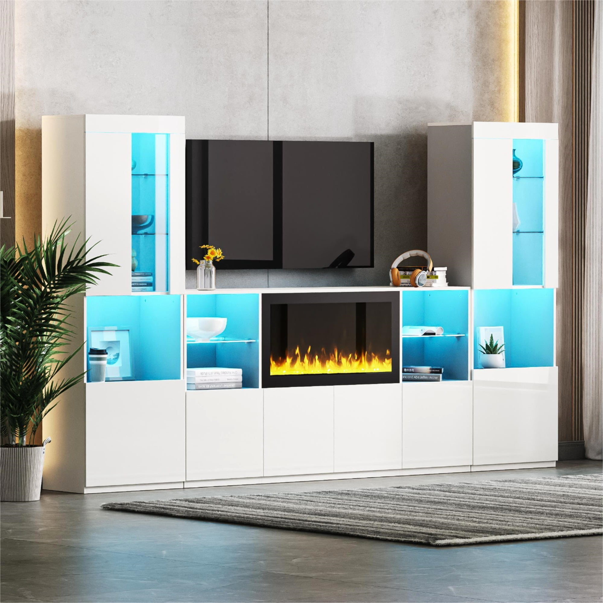 111" Modern LED TV Stand with Electric Fireplace – High-Gloss Media ...