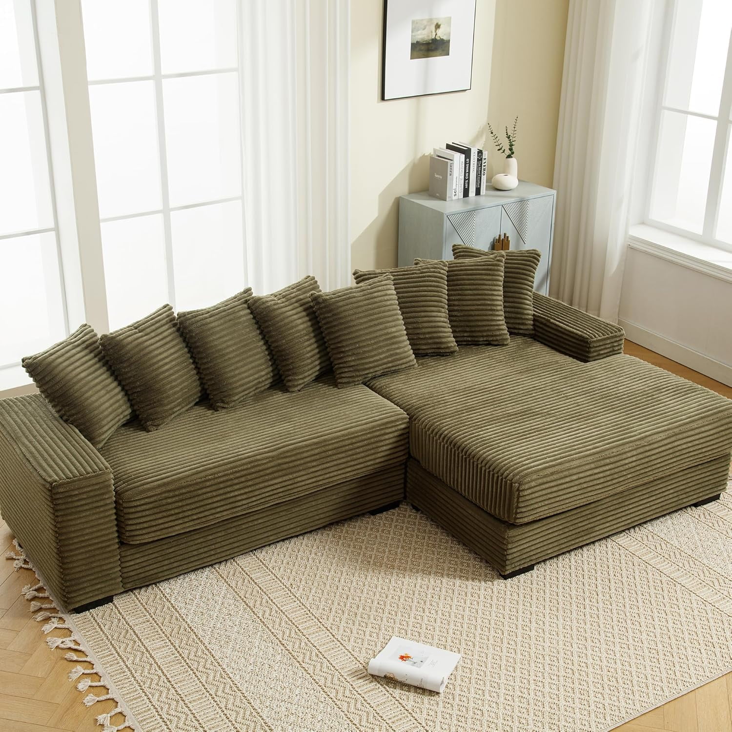 111'' Modern Sectional Sofa, L-Shaped Corduroy Couch with Right Chaise Daybed, Extra-Wide ...