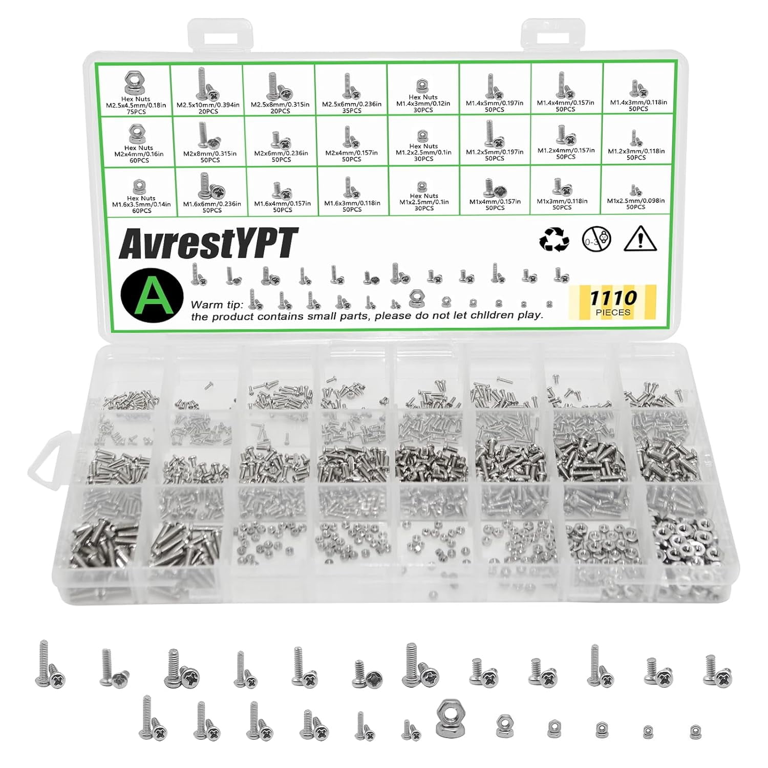 1110Pcs 304 Stainless Steel Metric Micro Screws Nuts Assortment, M1 M1 ...