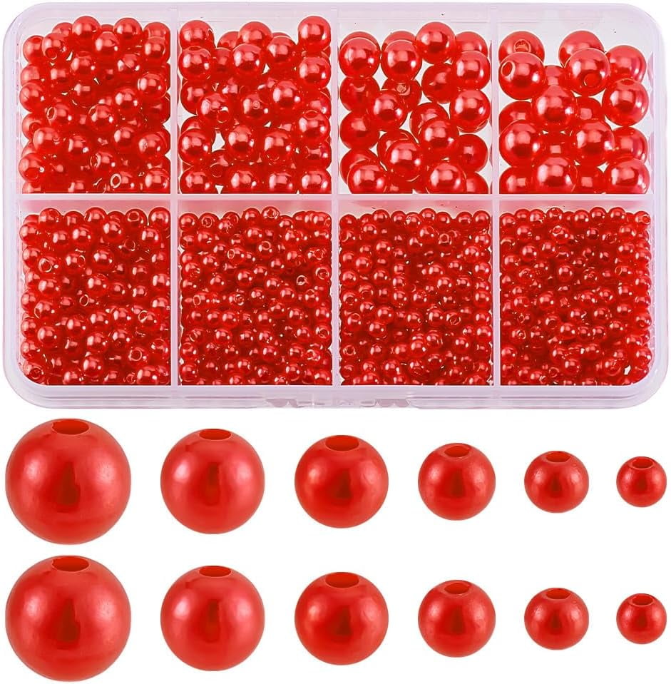 1113Pcs 6 Sizes Red Pearl Beads Red Imitation Pearl Round Pearls Beads ...