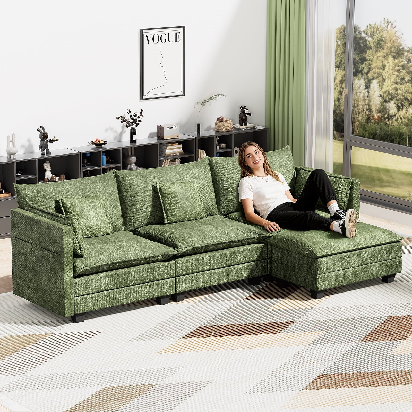 112.5" L-Shape Modular Sofa with 1 Ottomans, Deep Seat Cloud ...