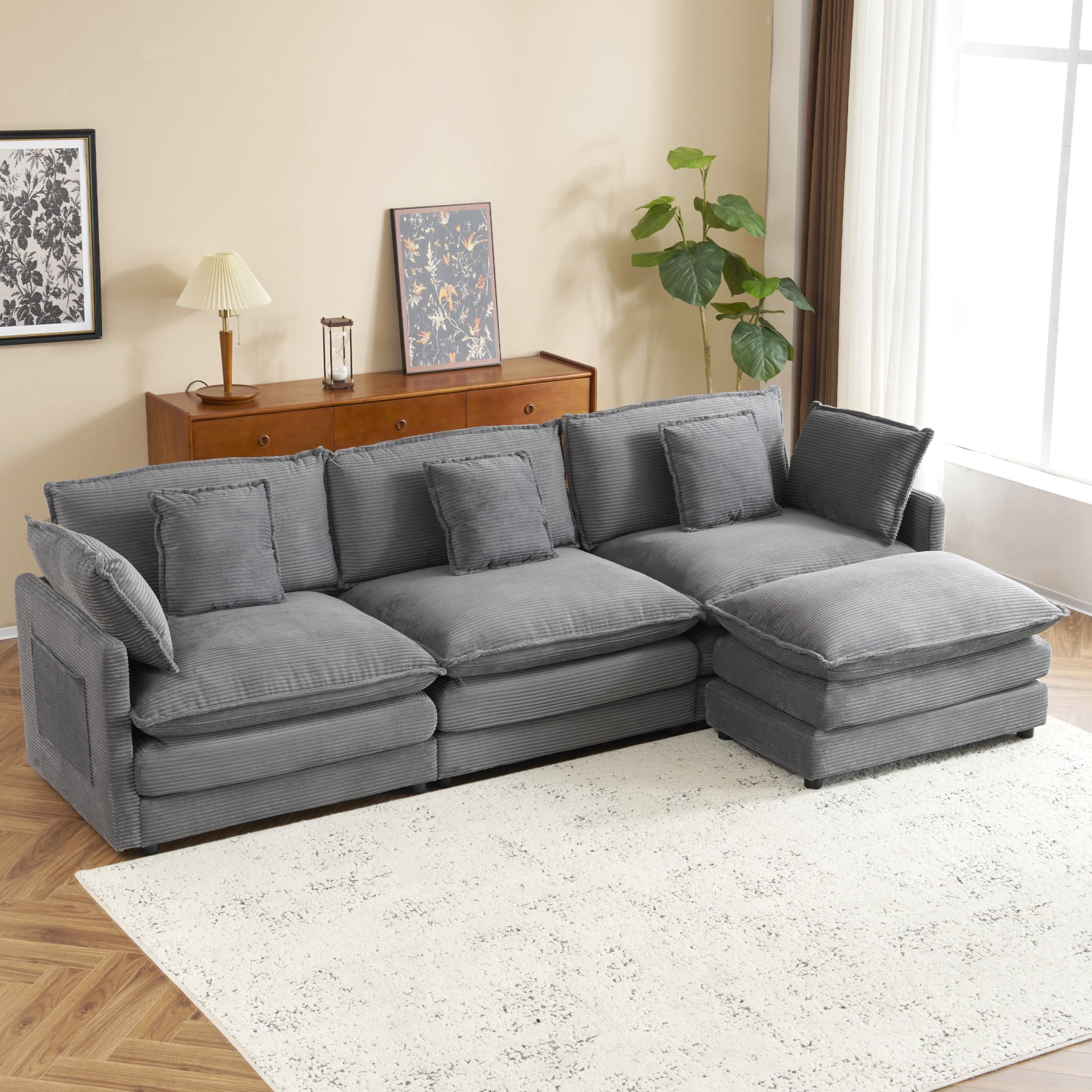 112.6" Modular Sectional Sofa, Comfy L Shaped Cloud Couch with Ottoman, 4 Seat Corduroy Sleeper ...