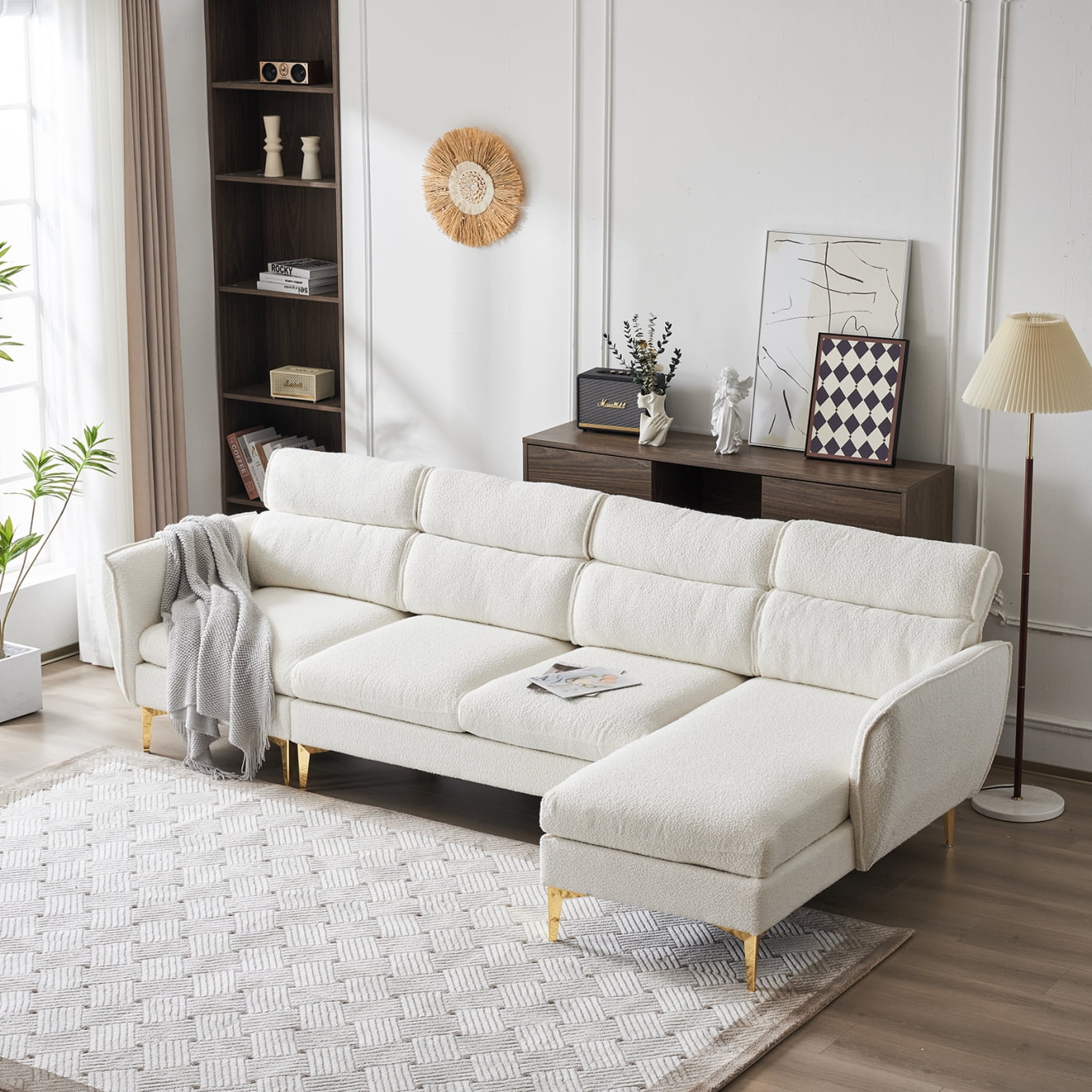 112" L-Shaped Convertible Sectional Sofa with Chaise, Boucle Yarn ...