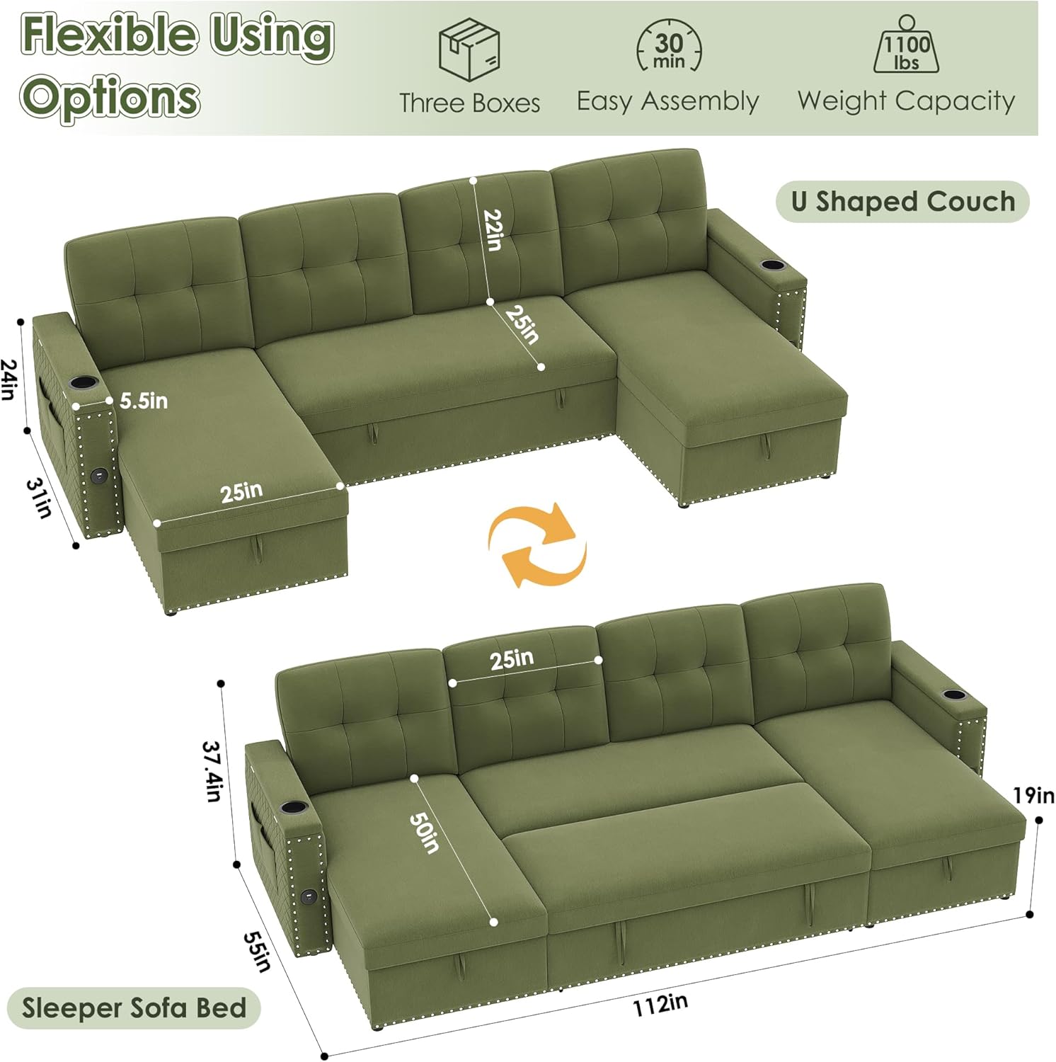 112" Sectional Pull-Out Couch with LED Lights & USB Ports - Green Modern Velvet U-Shaped Sofa ...