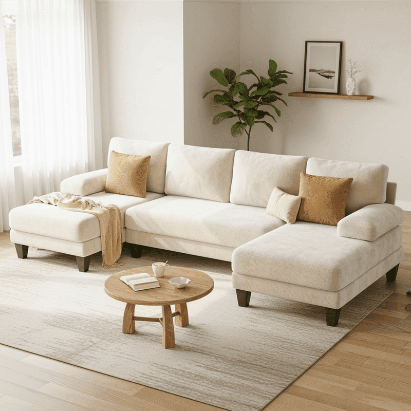 112" U-Shaped Chenille Sectional Sofa with Double Chaise Loungers ...