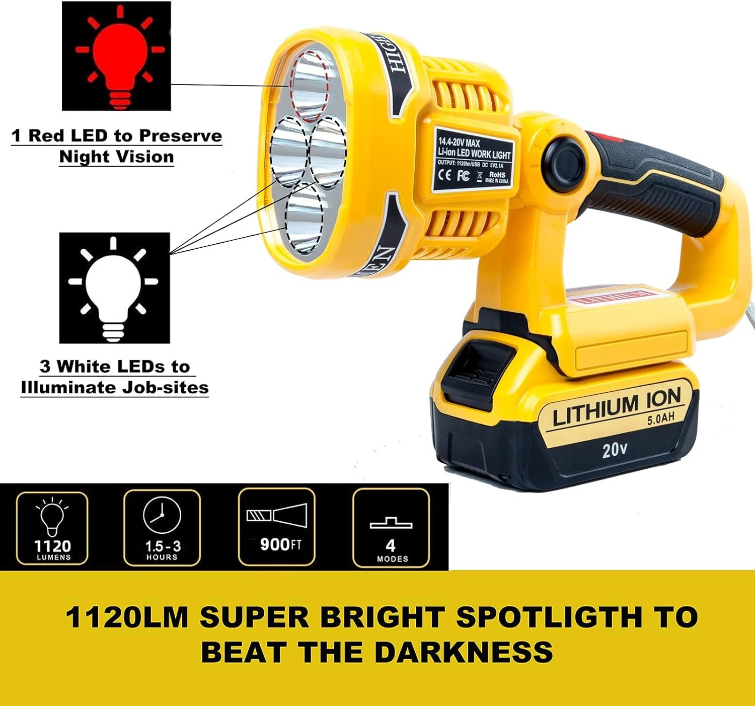 1120LM Cordless Flashligt LED Work Light Spotlight For DeWalt 20V Li ...