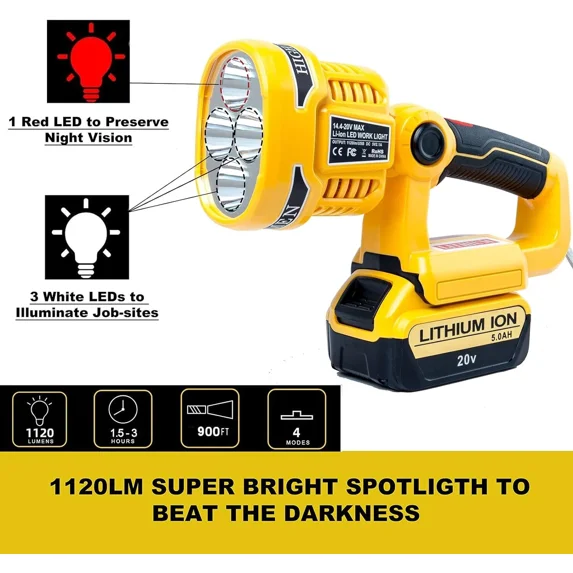 1120LM Cordless Flashligt LED Work Light Spotlight For DeWalt 20V Li ...