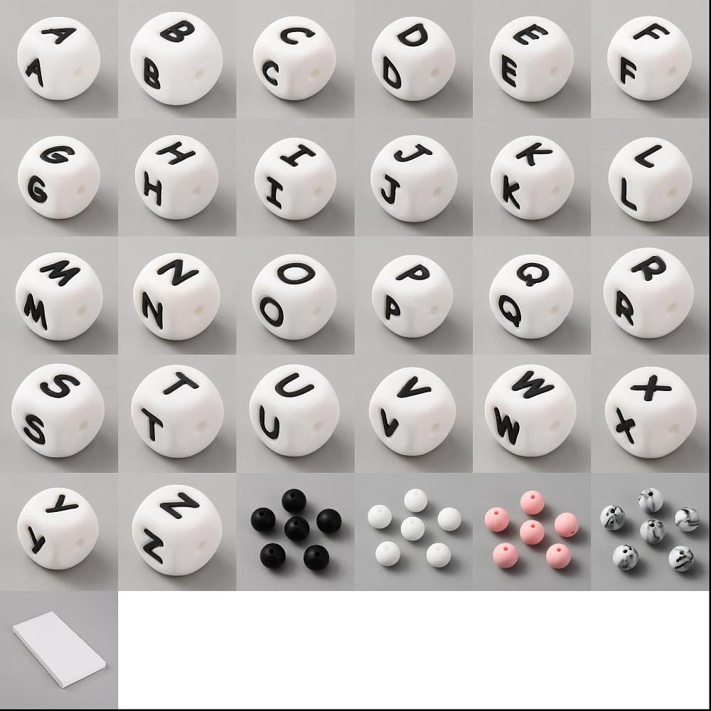 112Pcs 30 Style White Cube with Black Letter Round Food Grade Beads ...