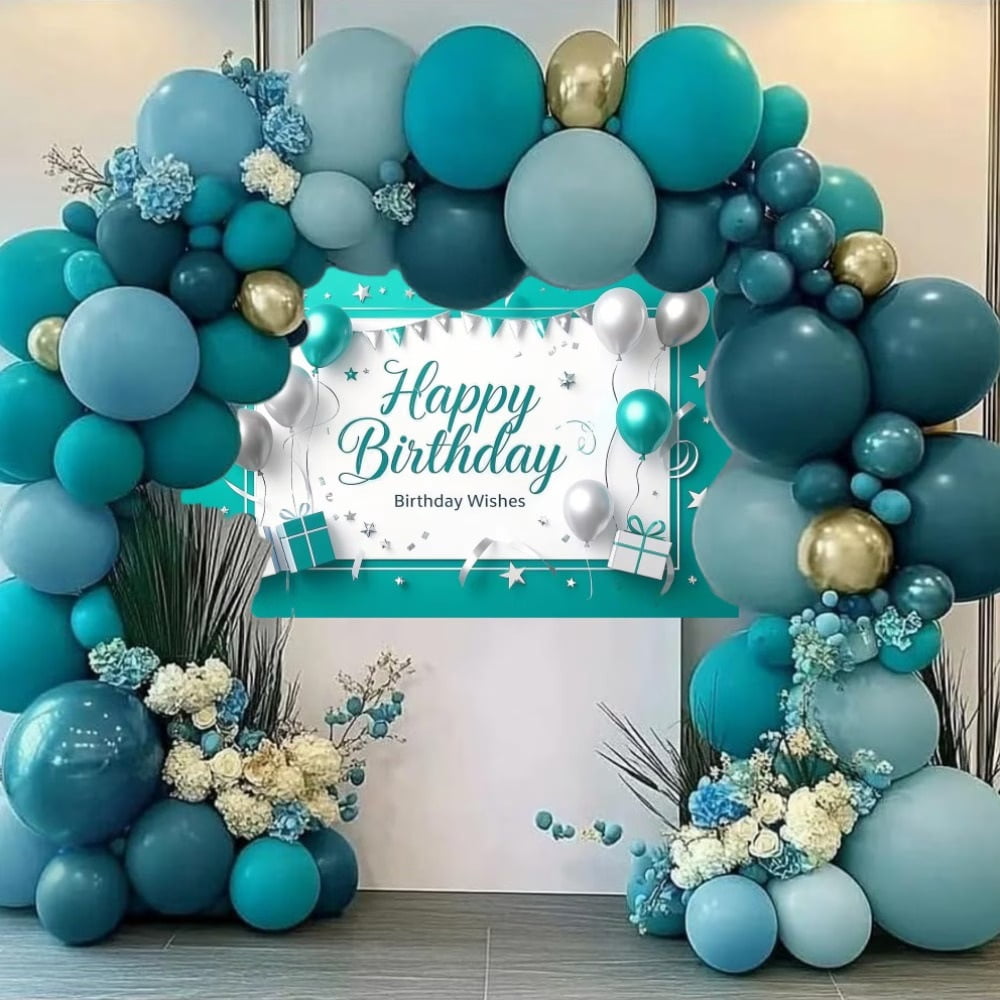 112pcs Stylish Balloon Arch Set in Blue And Golden, Featuring Birthday ...