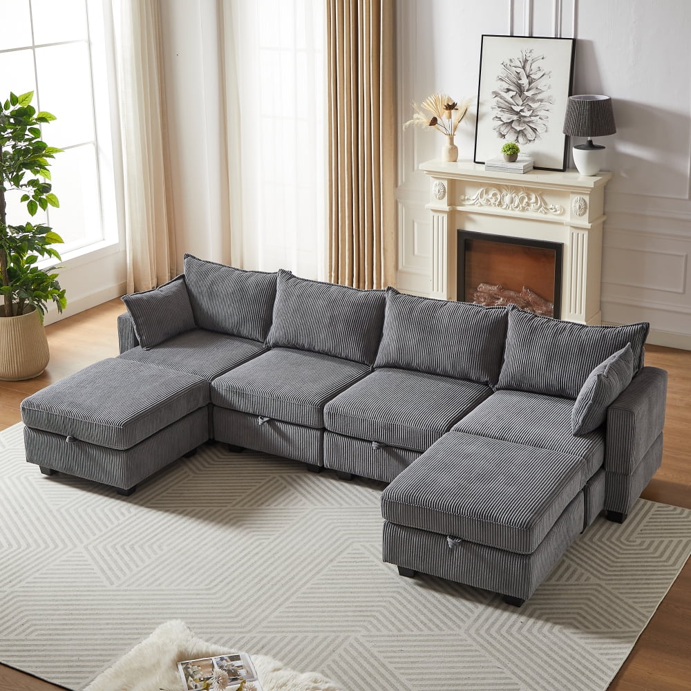 113.5'' Modern Modular Convertible Sectionals Corduroy Sofa with ...