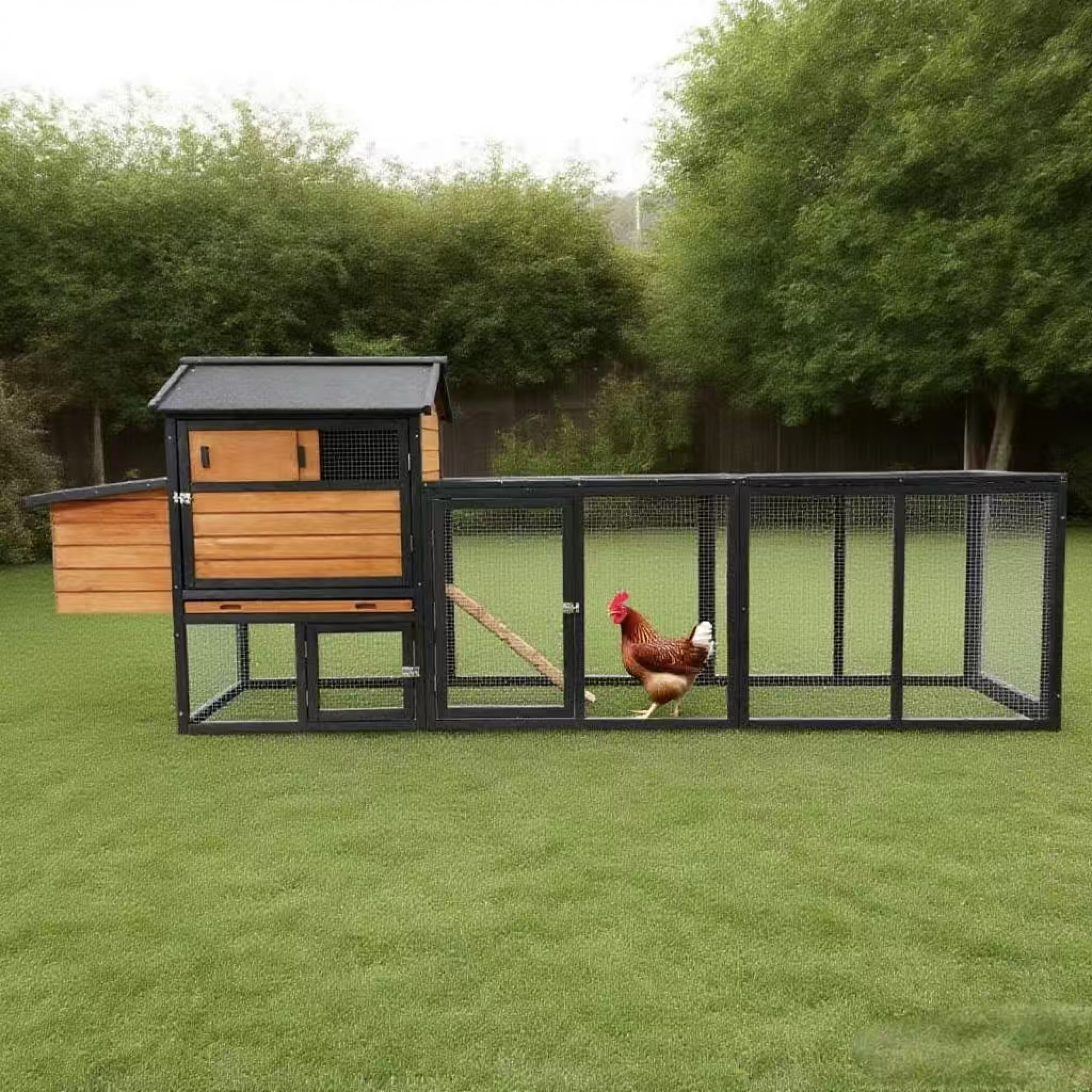 113" Brown+Black Wooden Chicken Coop Large Outdoor Hen House With Run ...