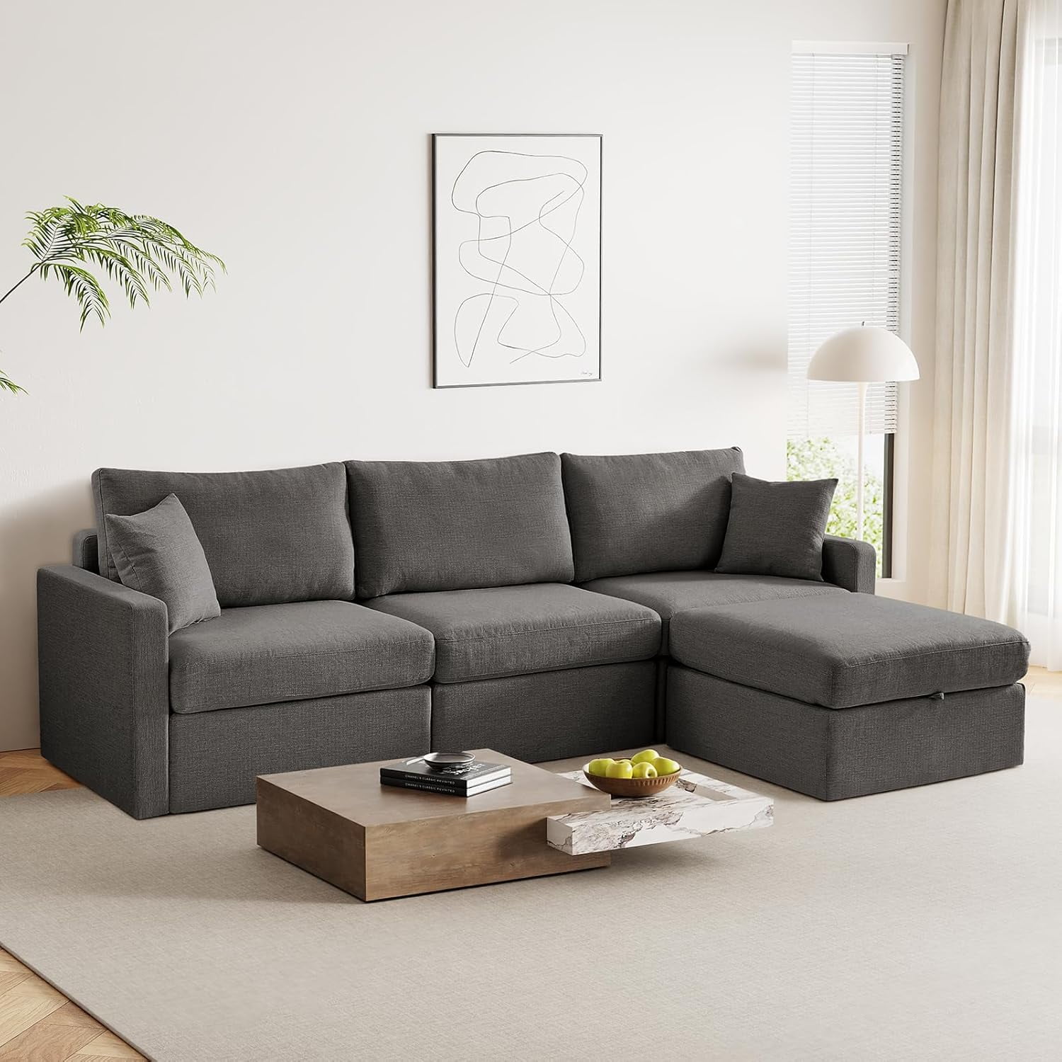 113" Modular Sectional Sofa with Storage Ottoman, Modern Chenille ...
