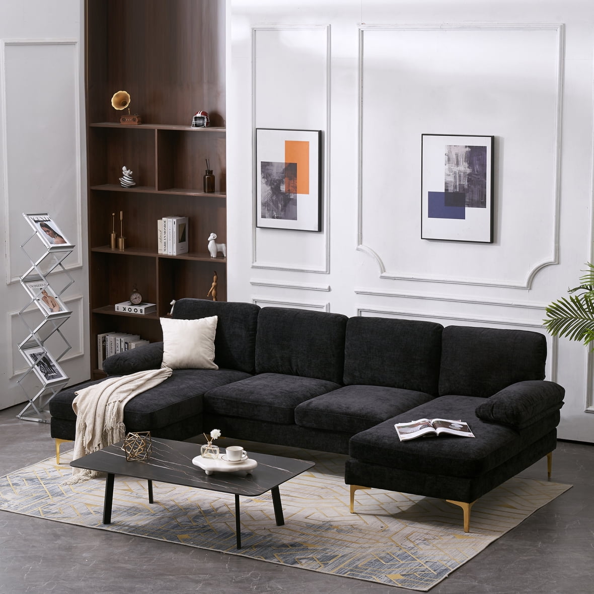 113" U-Shaped Modular Sofa, 4-Seat Chenille Fabric Convertible ...